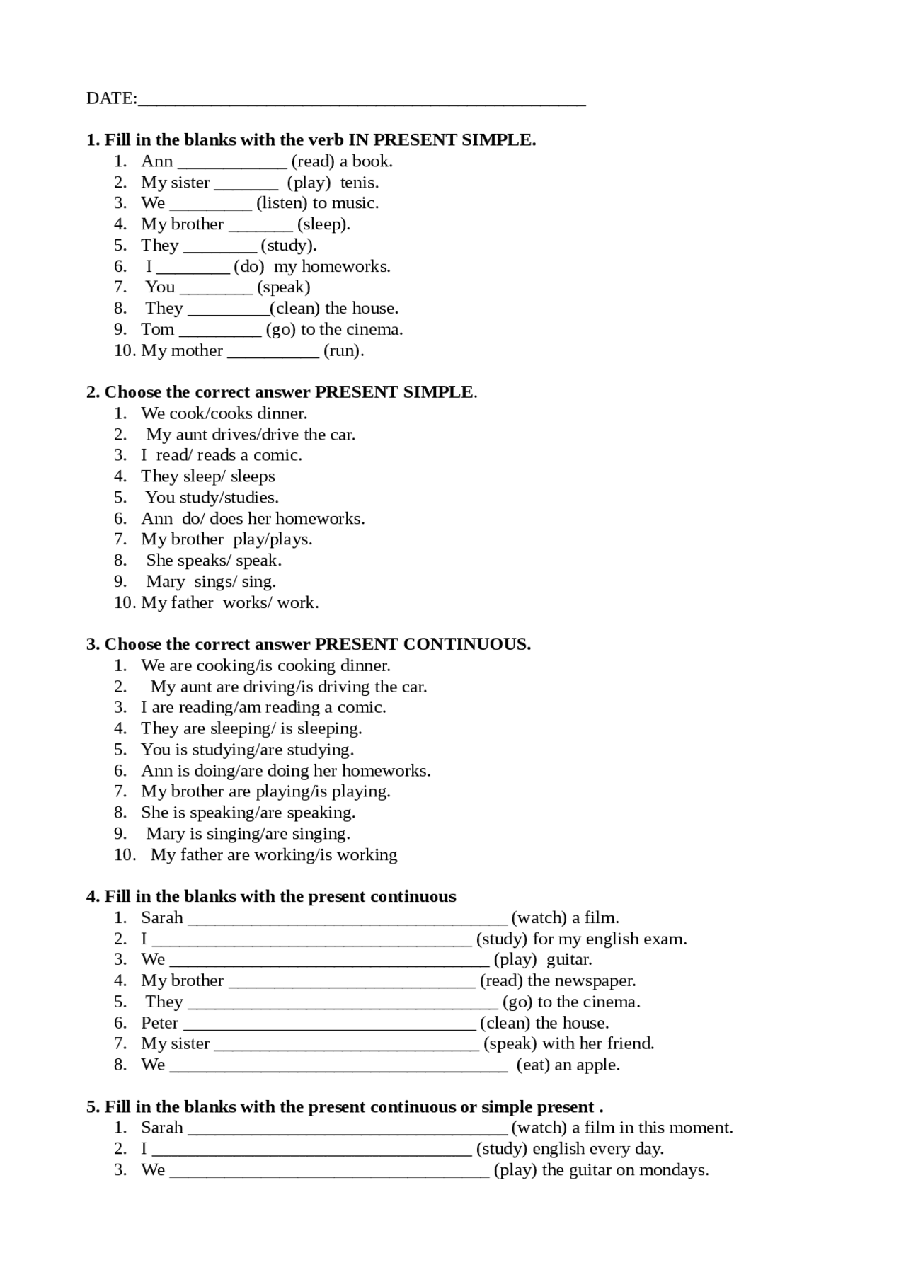 Presente Simple Y Continuous Esercizi Di Inglese Docsity