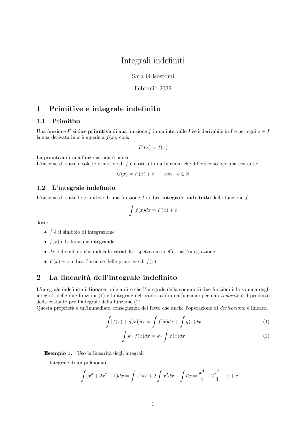 Integrali Indefiniti E Metodi Di Integrazione Dispense Di Matematica