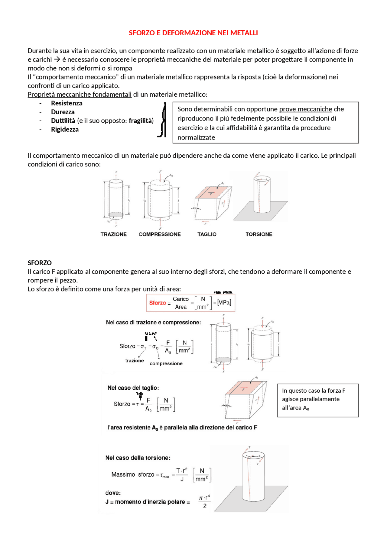 Sforzo e deformazione dei metalli | Appunti di Metallurgia | Docsity