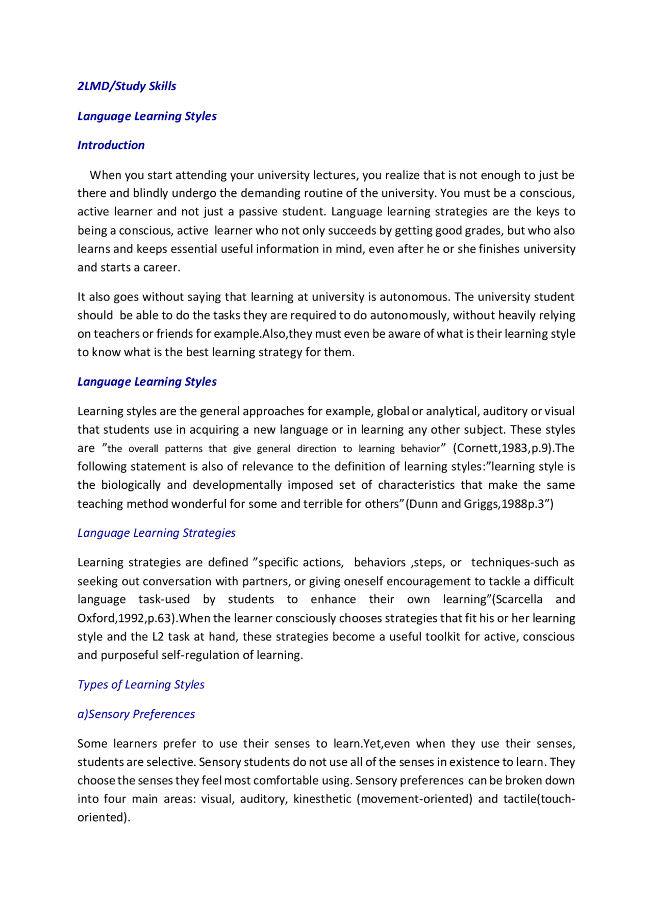 Learning styles :study skills handouts | Lecture notes Learning ...