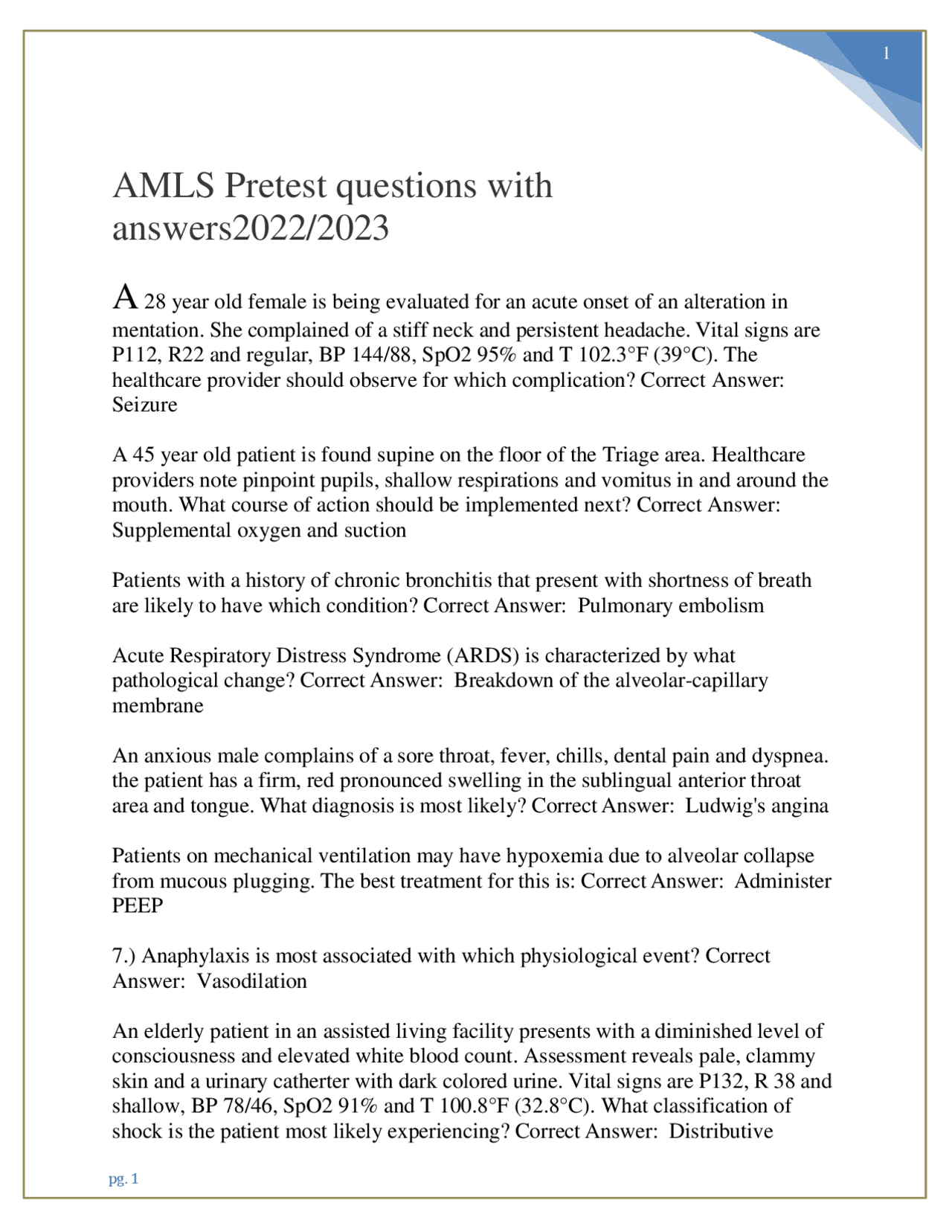 AMLS Pretest questions with answers 2022/2023 | Exams Nursing | Docsity