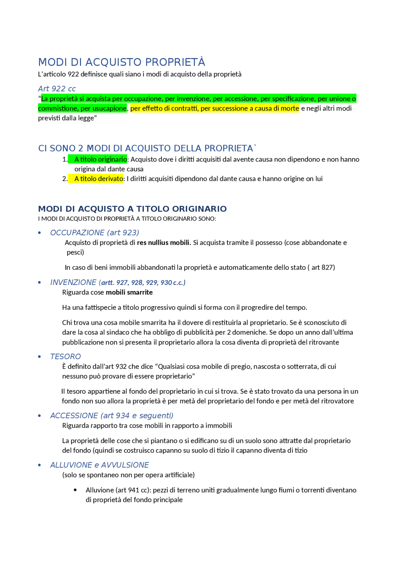 Modi Di Acquisto Della Proprietà Appunti Di Diritto Privato Docsity