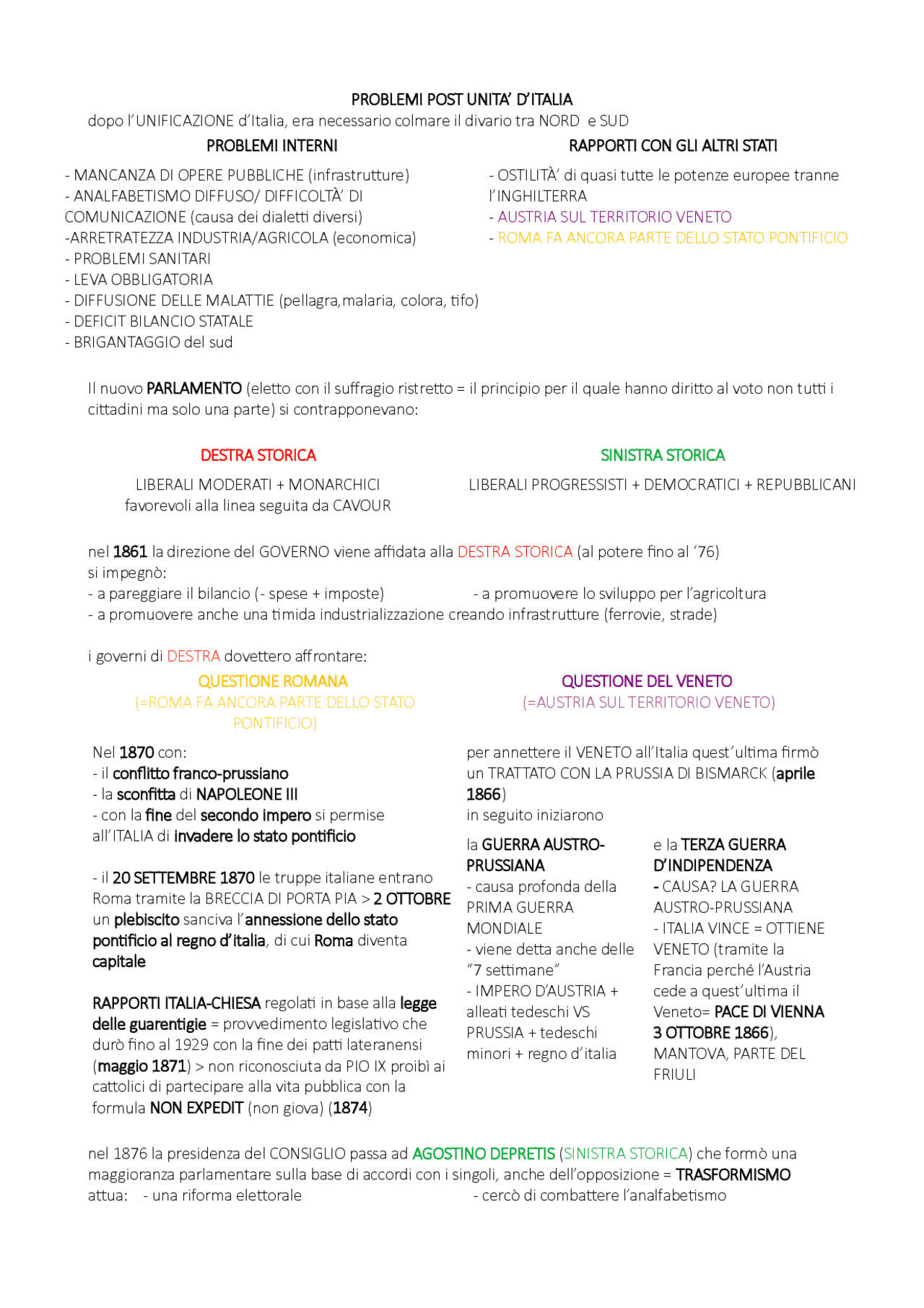 Problemi post Unità d'Italia | Appunti di Storia | Docsity