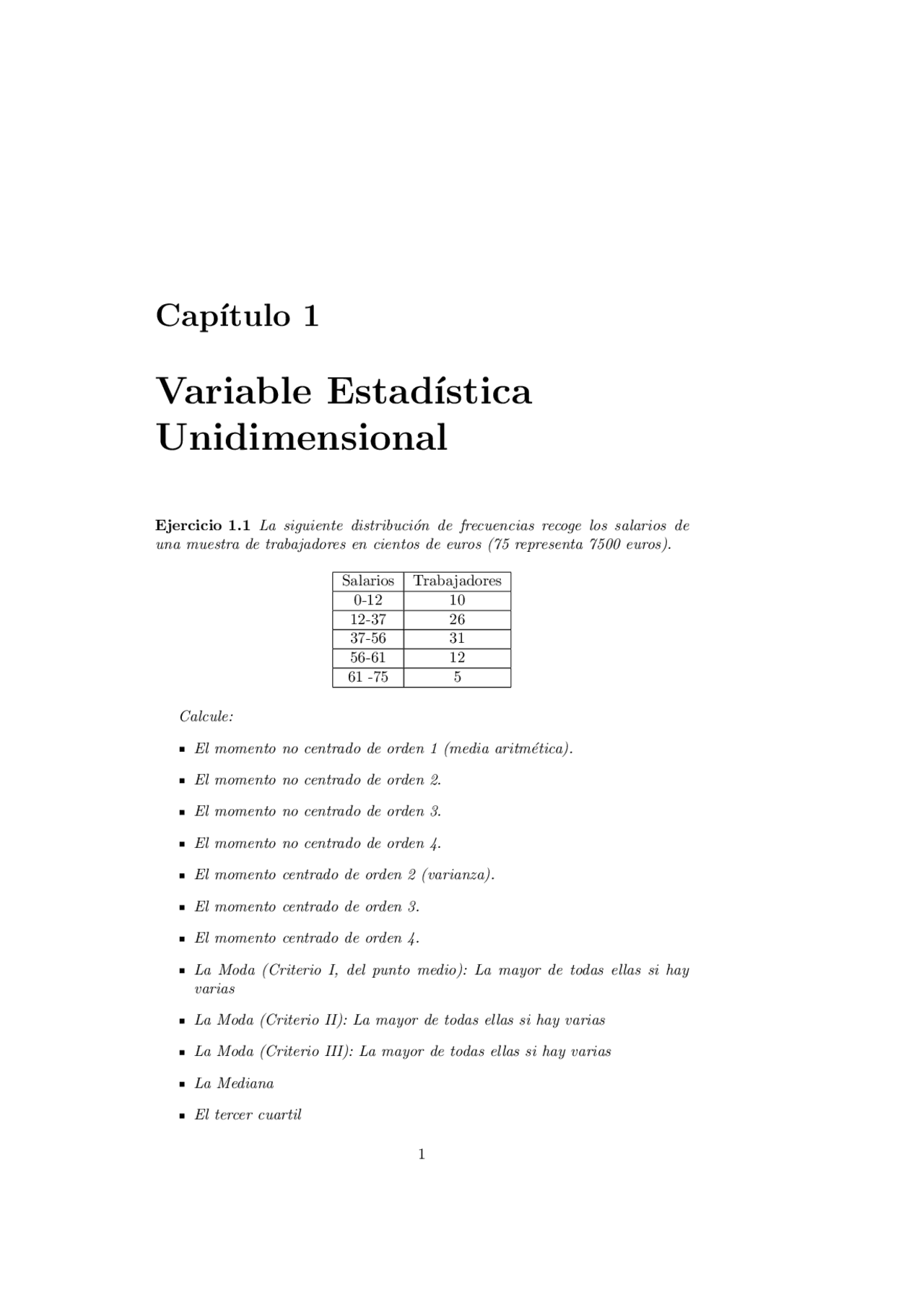 Variable Estadística Unidimensional | Ejercicios de Álgebra | Docsity