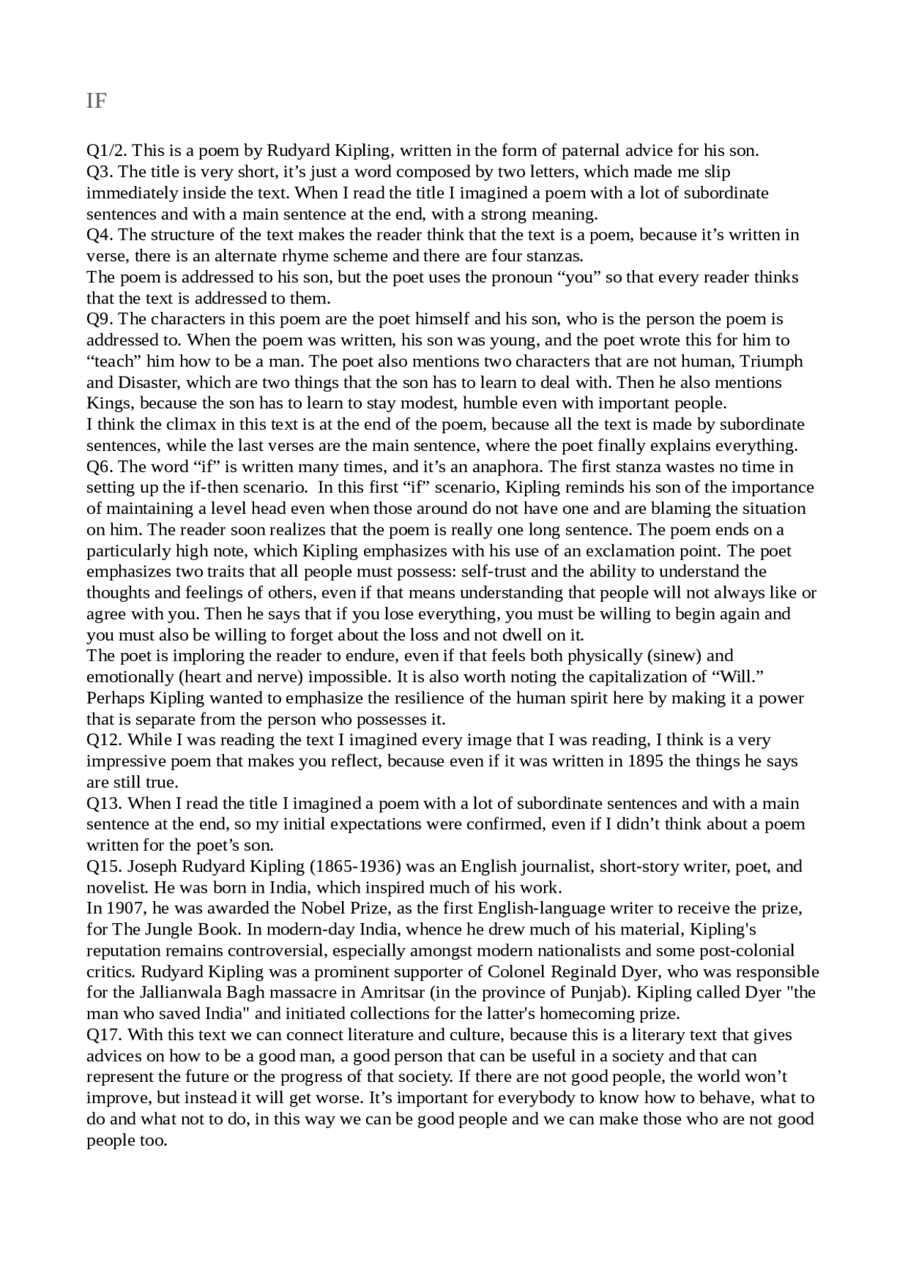 IF, by Rudyard Kipling | Appunti di Letteratura Inglese | Docsity