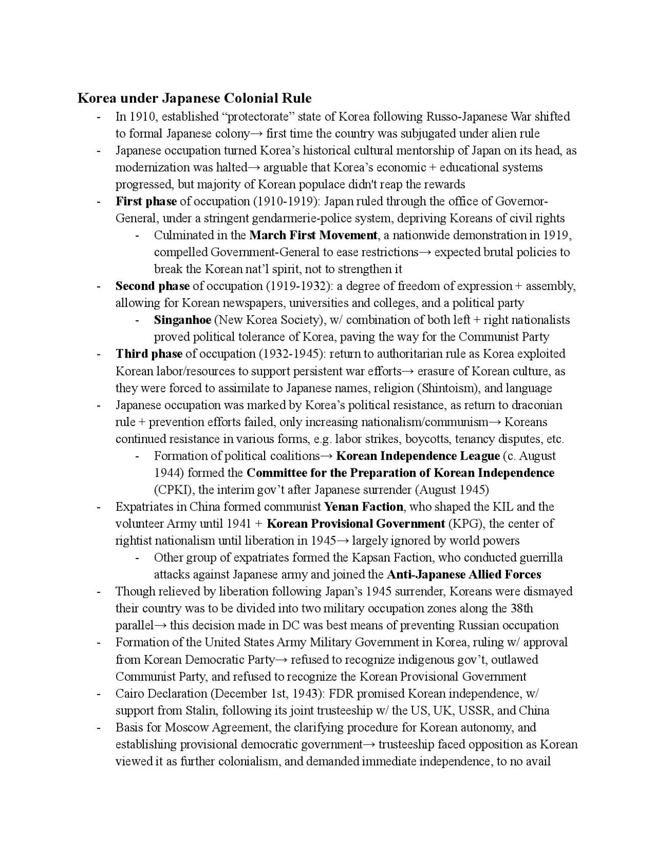 Korean History Under Japanese Colonial Rule | Study notes History | Docsity