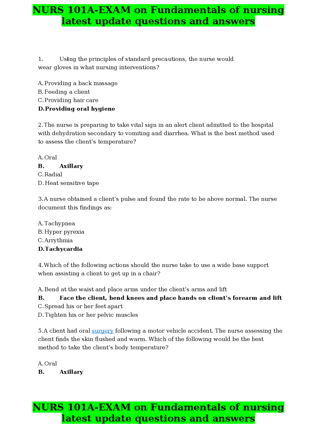 Nurs 101a Exam On Fundamentals Of Nursing Latest Update Questions And