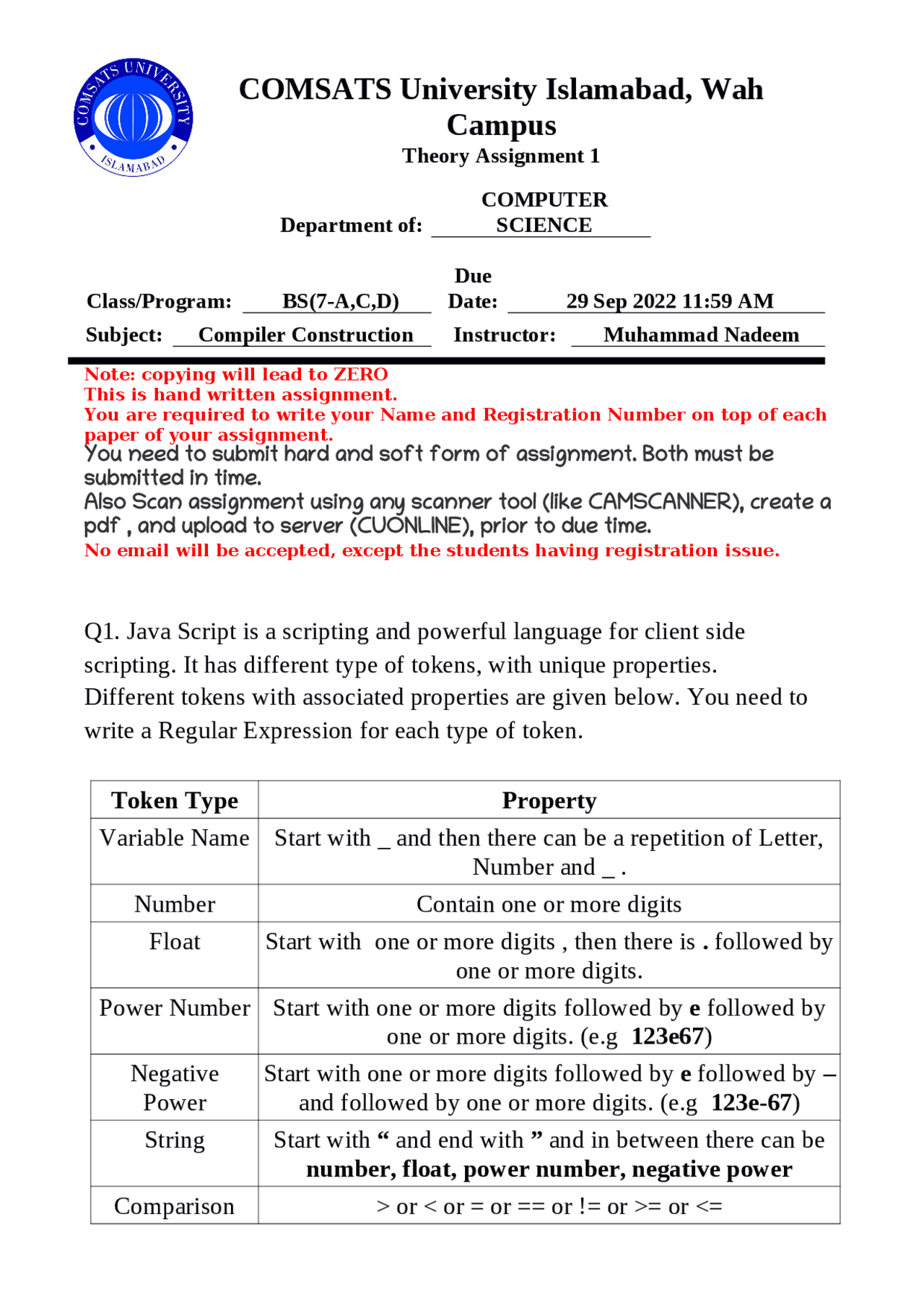 Compilers Construction Assignments Theory Of Automata Docsity