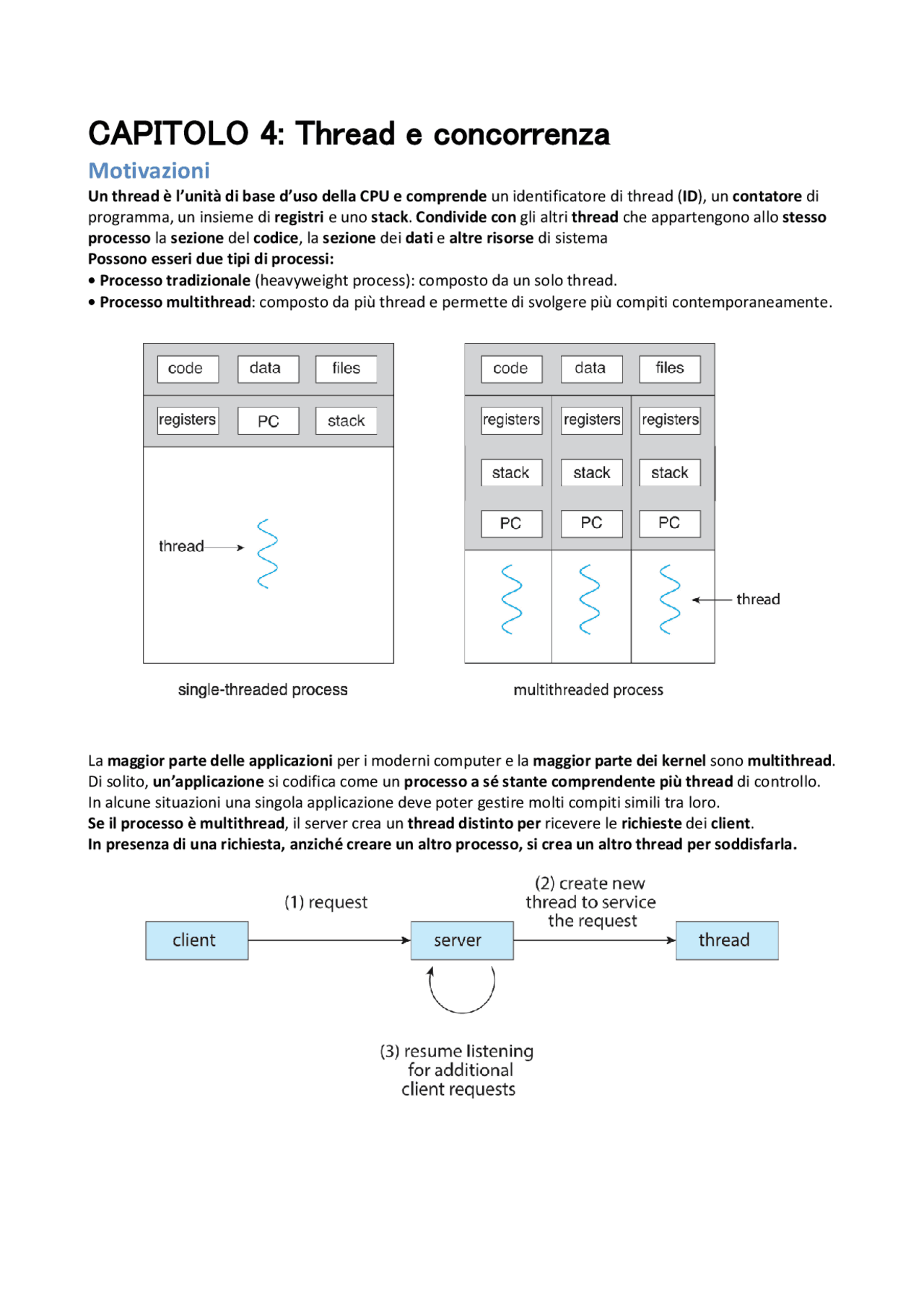Sistemi Operativi Capitolo 4 - Thread e concorrenza | Appunti di Sistemi Operativi | Docsity