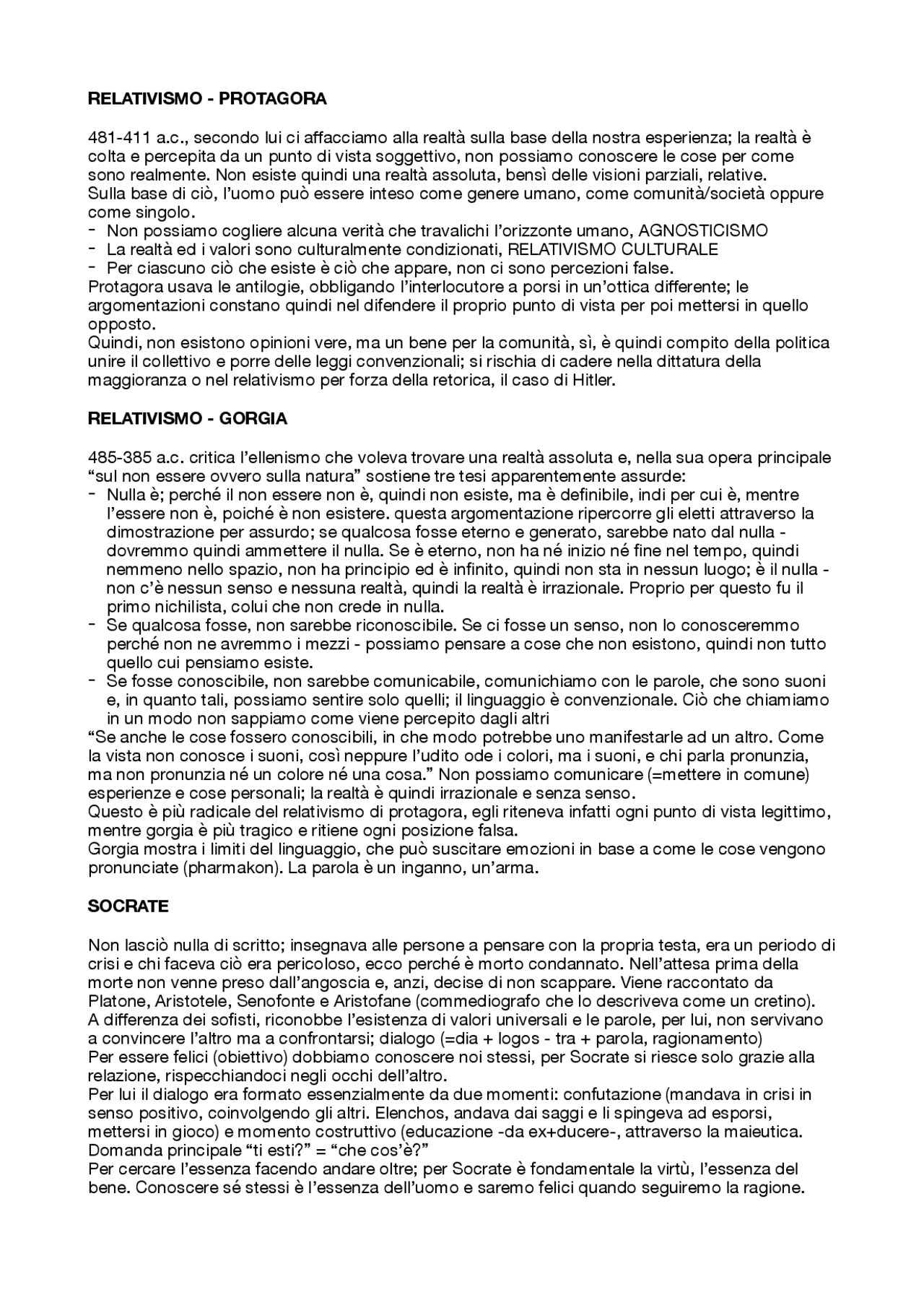 Gorgia Socrate Platone E I Relativisti Appunti Di Filosofia Docsity