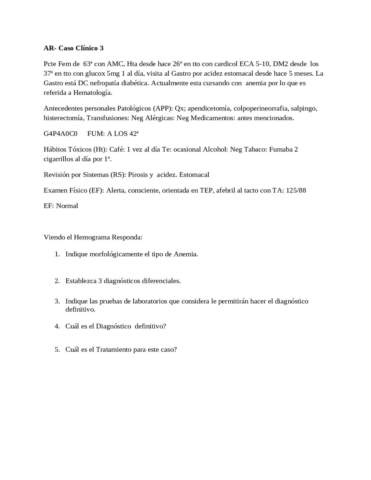 Casos Clínicos De Anemia Ejercicios De Hematología Docsity