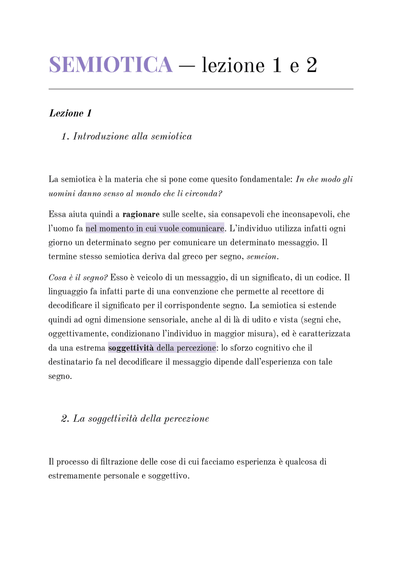 Semiotica prima e seconda lezione | Appunti di Semiotica | Docsity