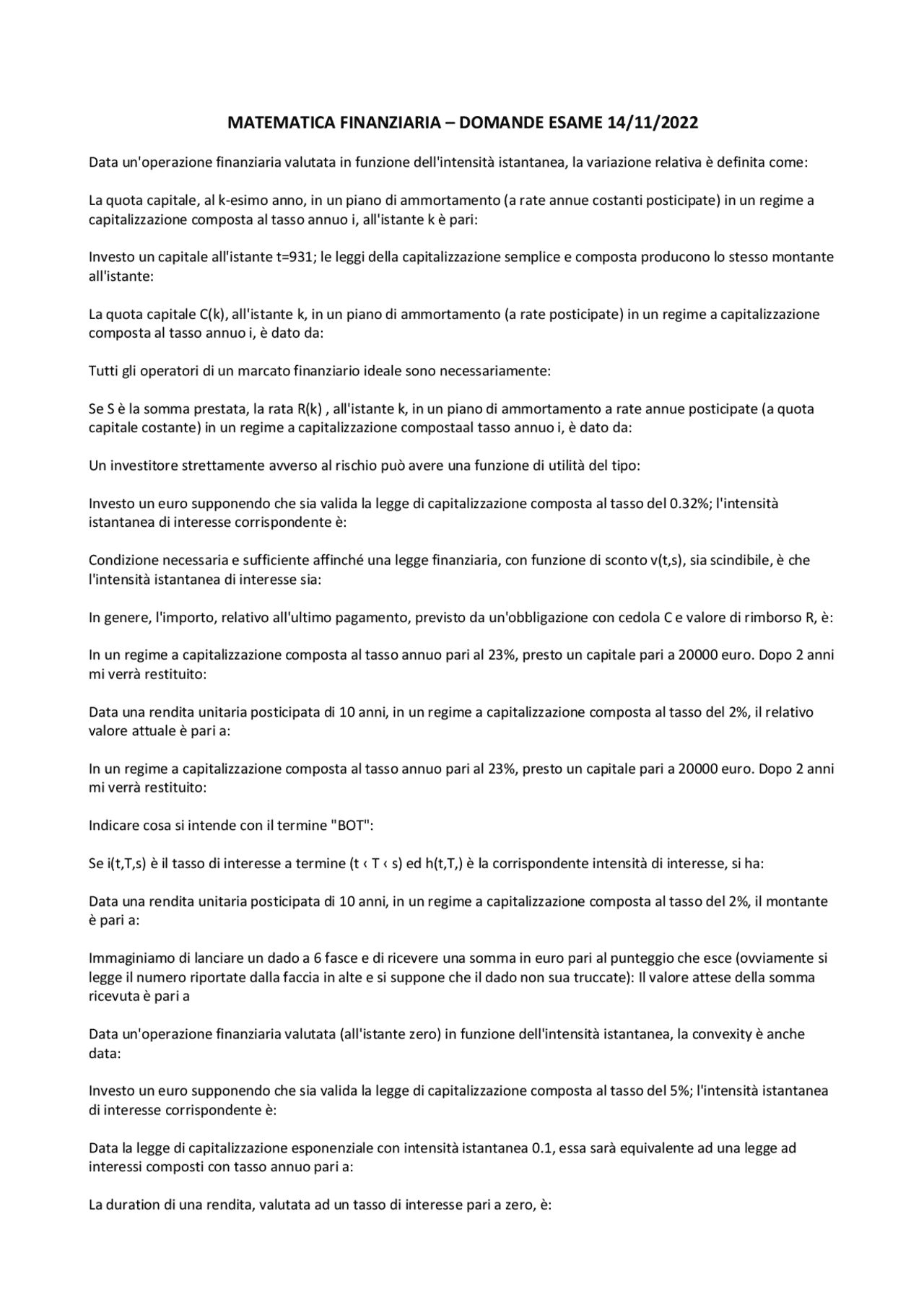 MATEMATICA FINANZIARIA – DOMANDE ESAME | Prove d'esame di Matematica ...