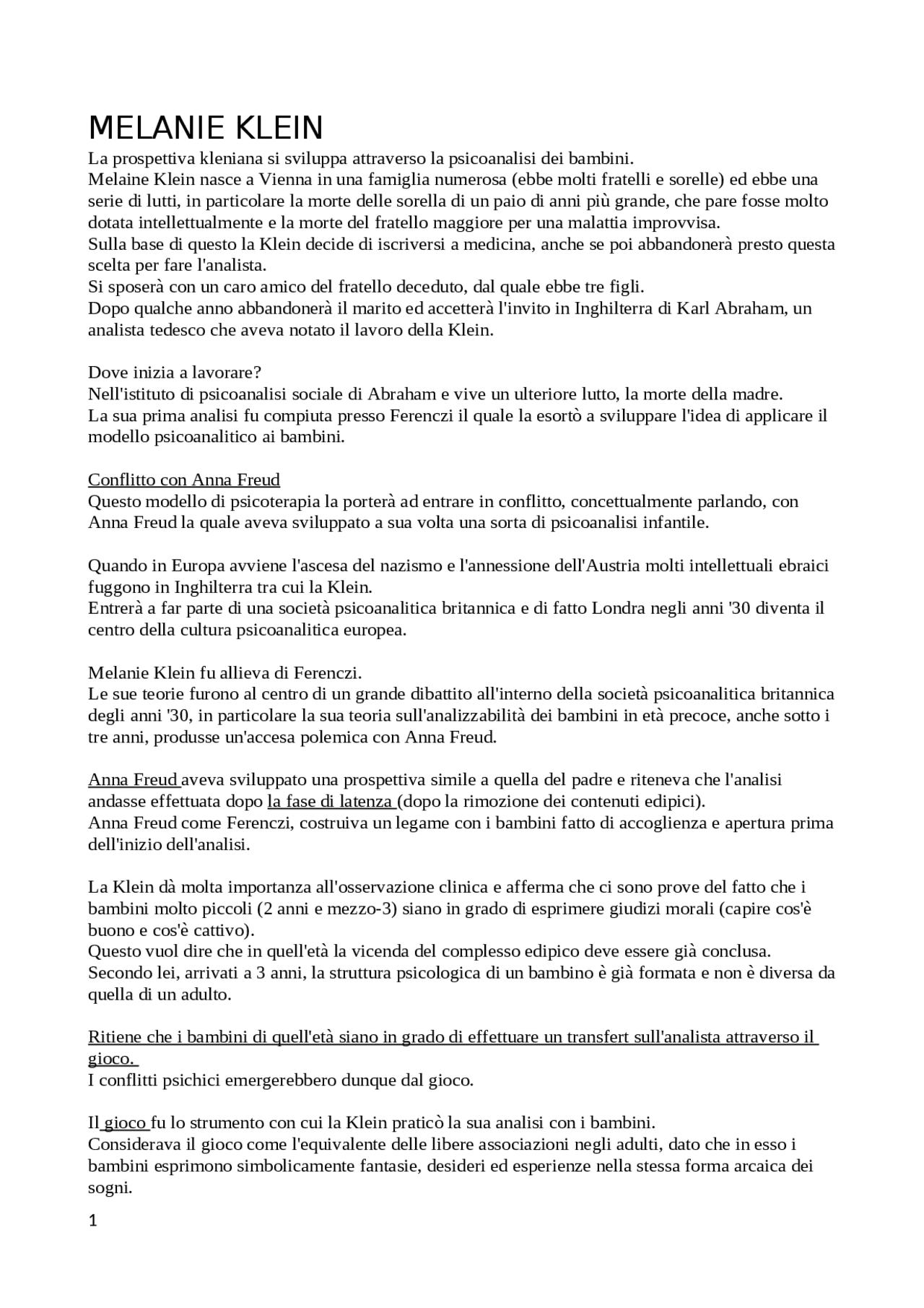 Klein Melanie Il Metodo E Lapproccio Clinico Sintesi Del Corso Di