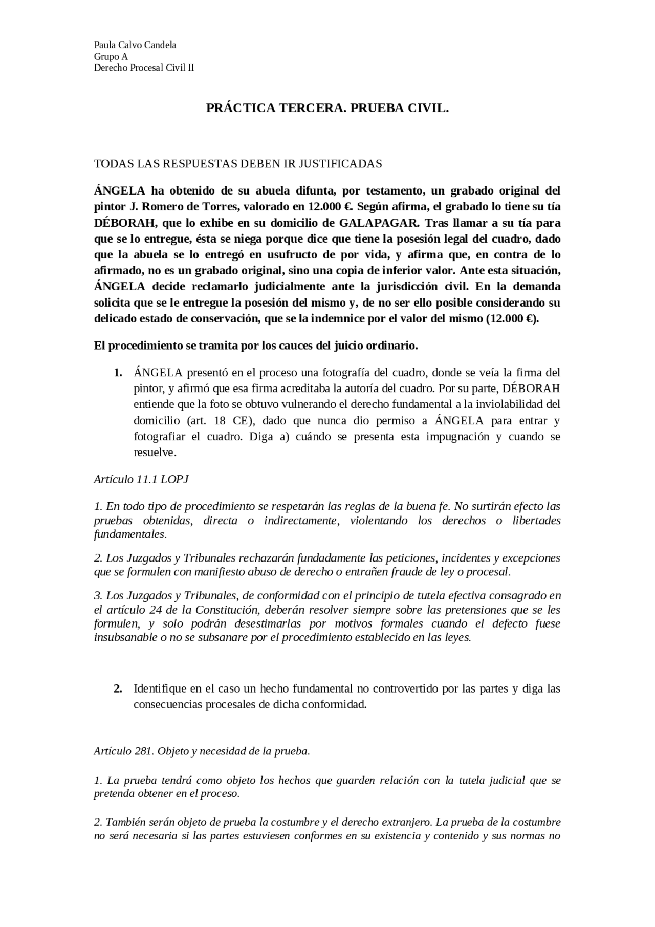 Caso Práctico 3 Procesal Civil Ii Ejercicios De Derecho Procesal
