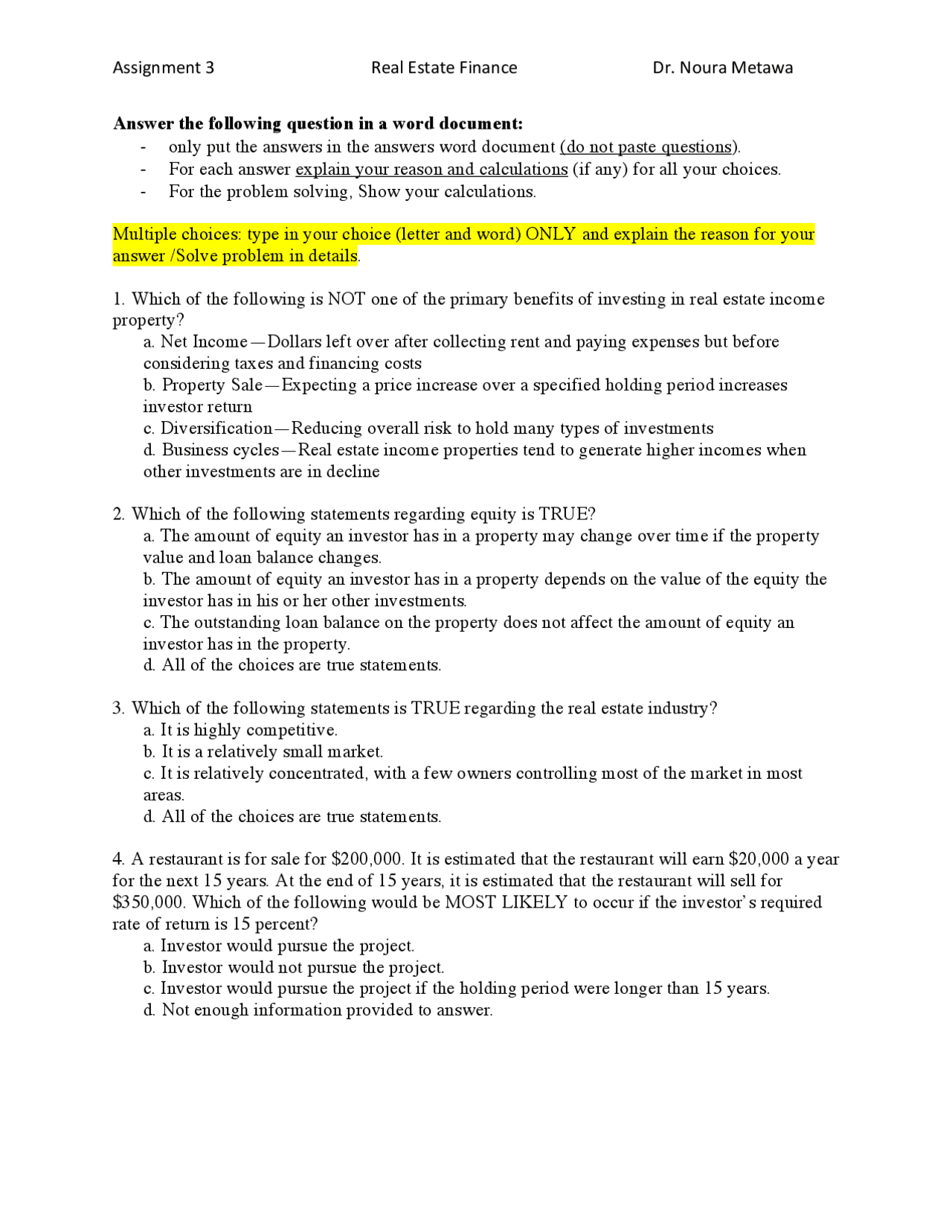 Real Estate Questions Assignments Real Estate Management Docsity