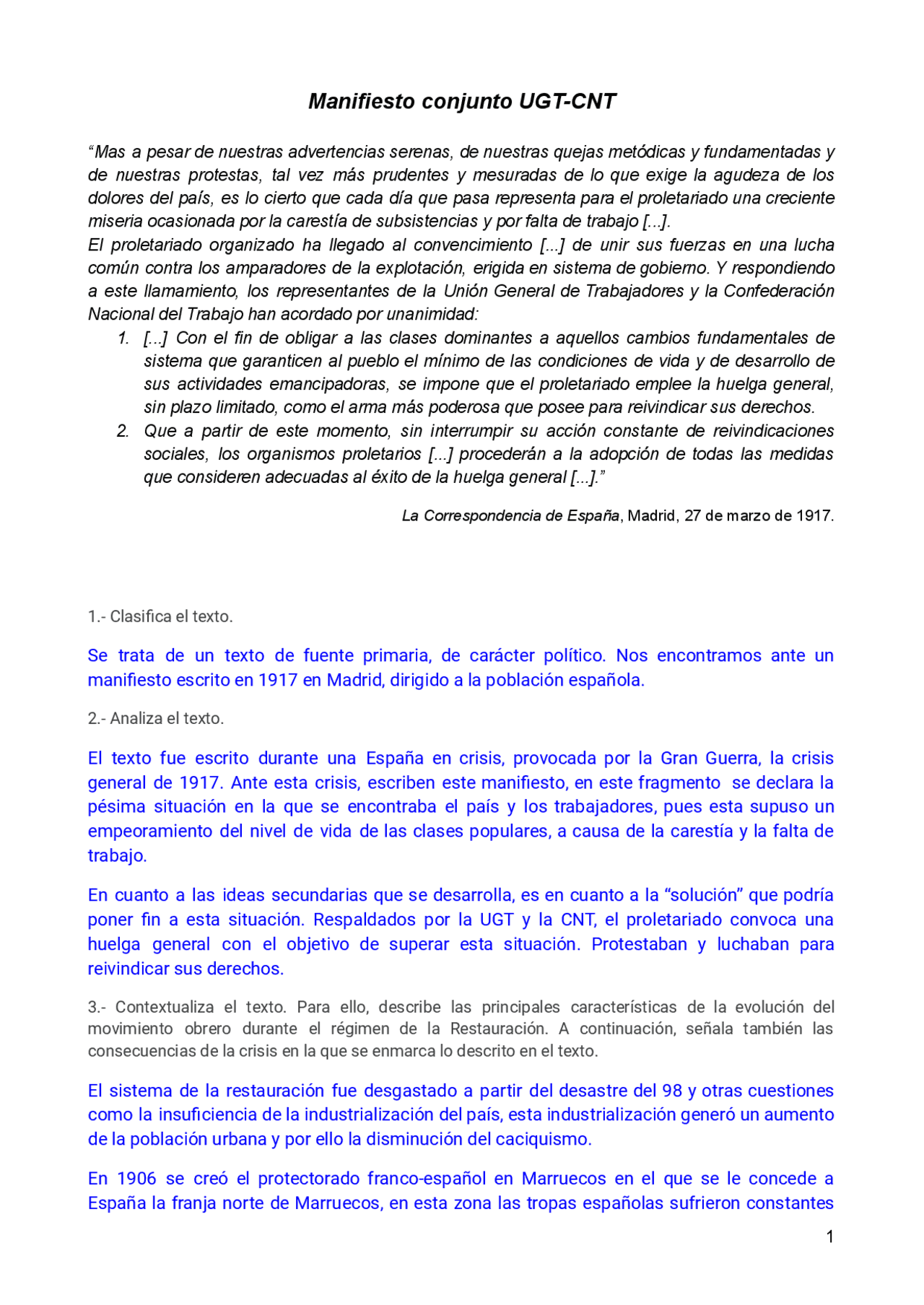 Comentario manifiesto del conjuNto UGT-CNT | Ejercicios de Historia de ...