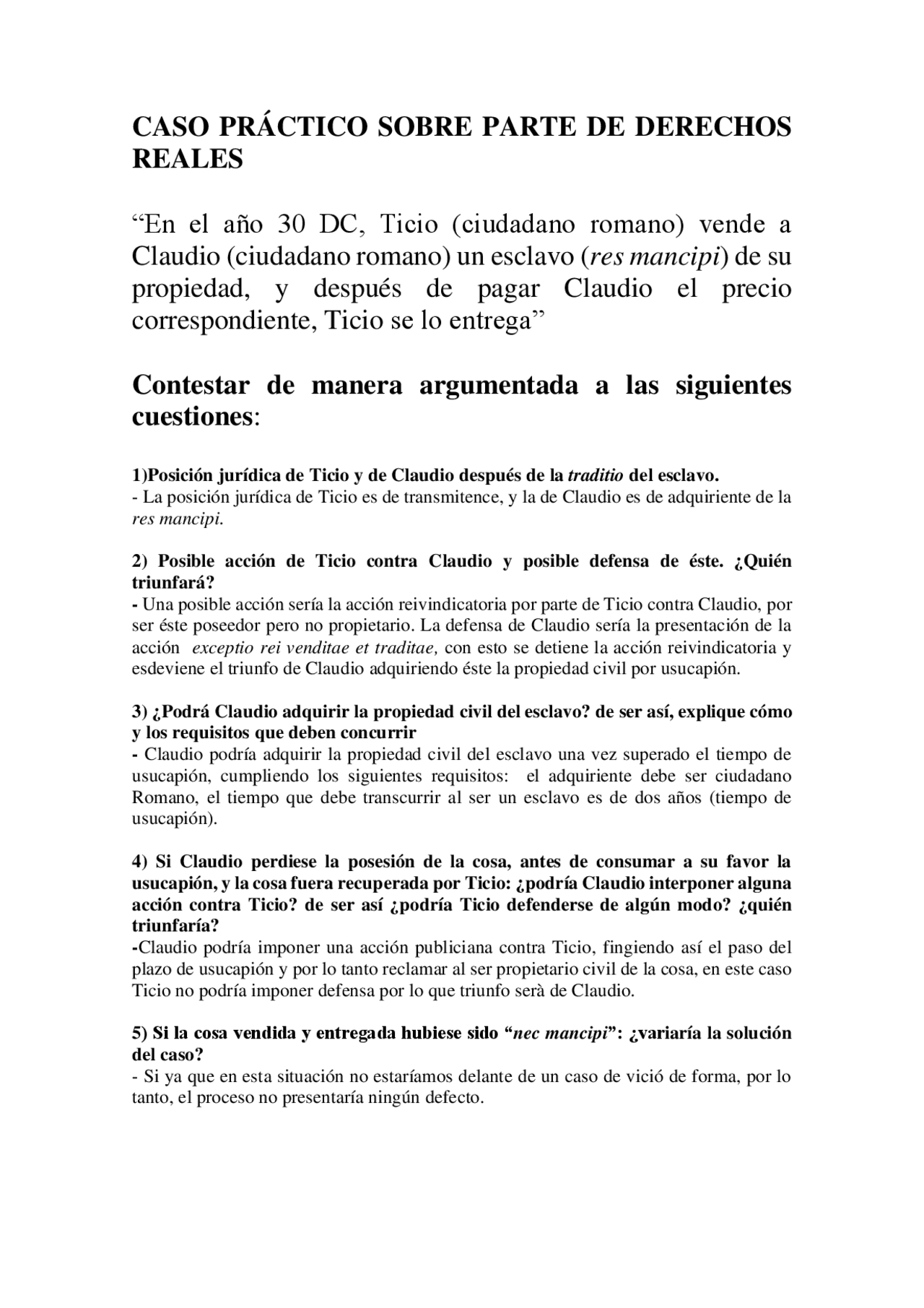 Caso práctico 1 derecho Romano | Ejercicios de Derecho Romano | Docsity