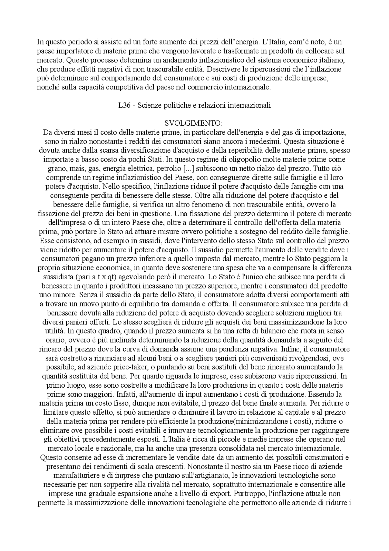 ELABORATO MICROECONOMIA - COSTO MATERIE PRIME | Esercizi di Microeconomia | Docsity