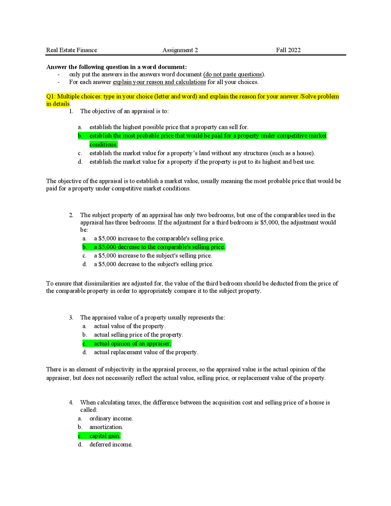 Real Estate Questions Assignments Real Estate Management Docsity