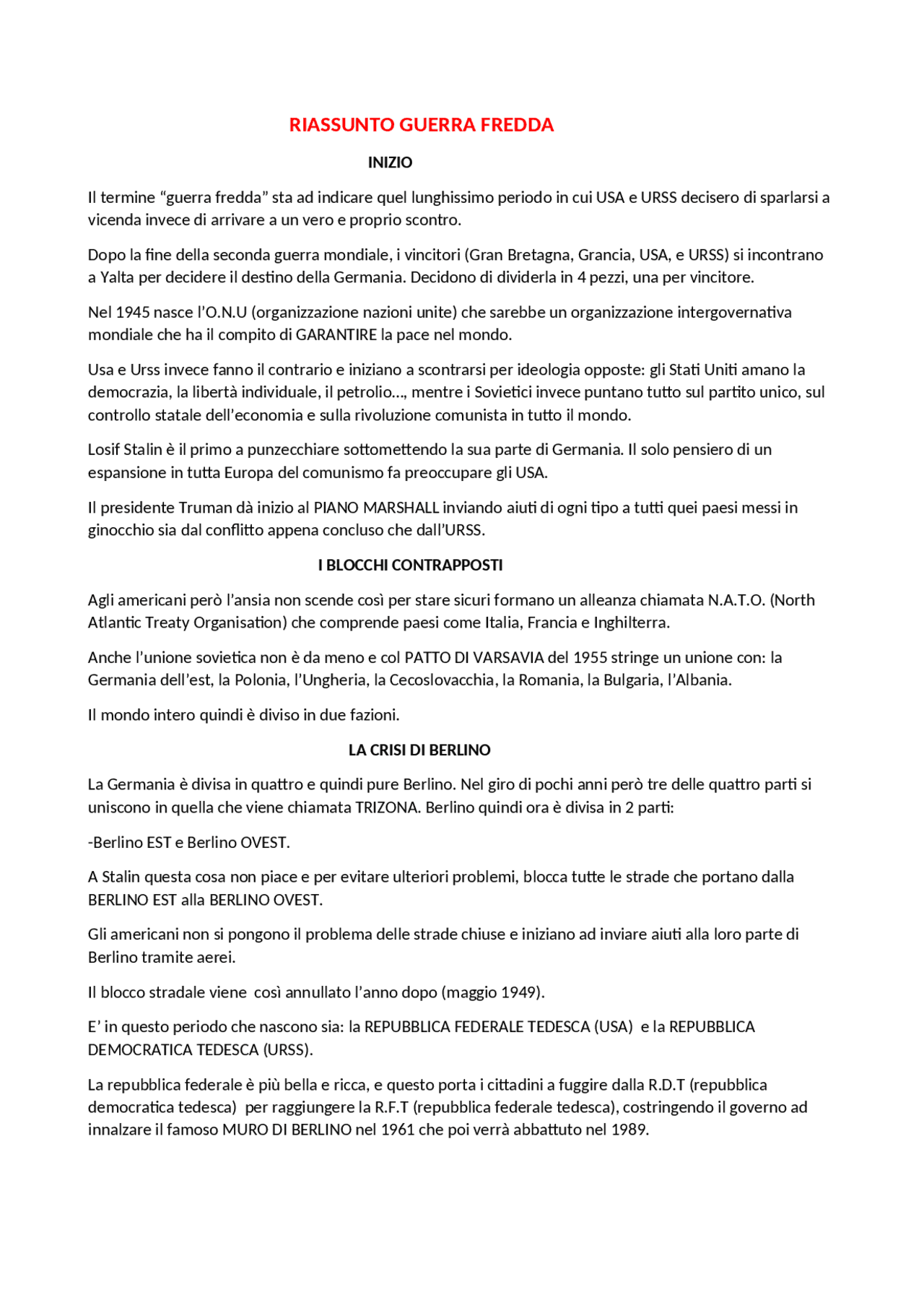 Riassunto Guerra Fredda Evento Per Evento Appunti Di Storia Docsity