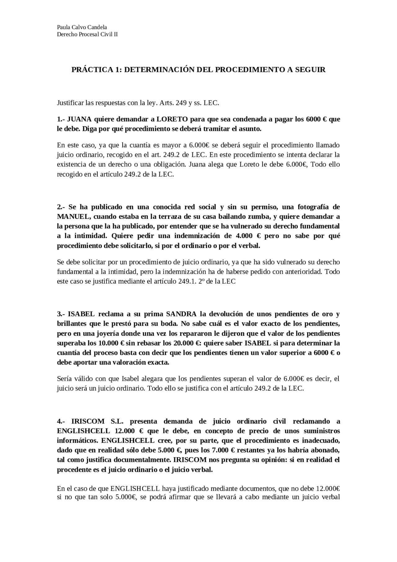 Caso Práctico 1 Procesal Civil Ii Ejercicios De Derecho Procesal