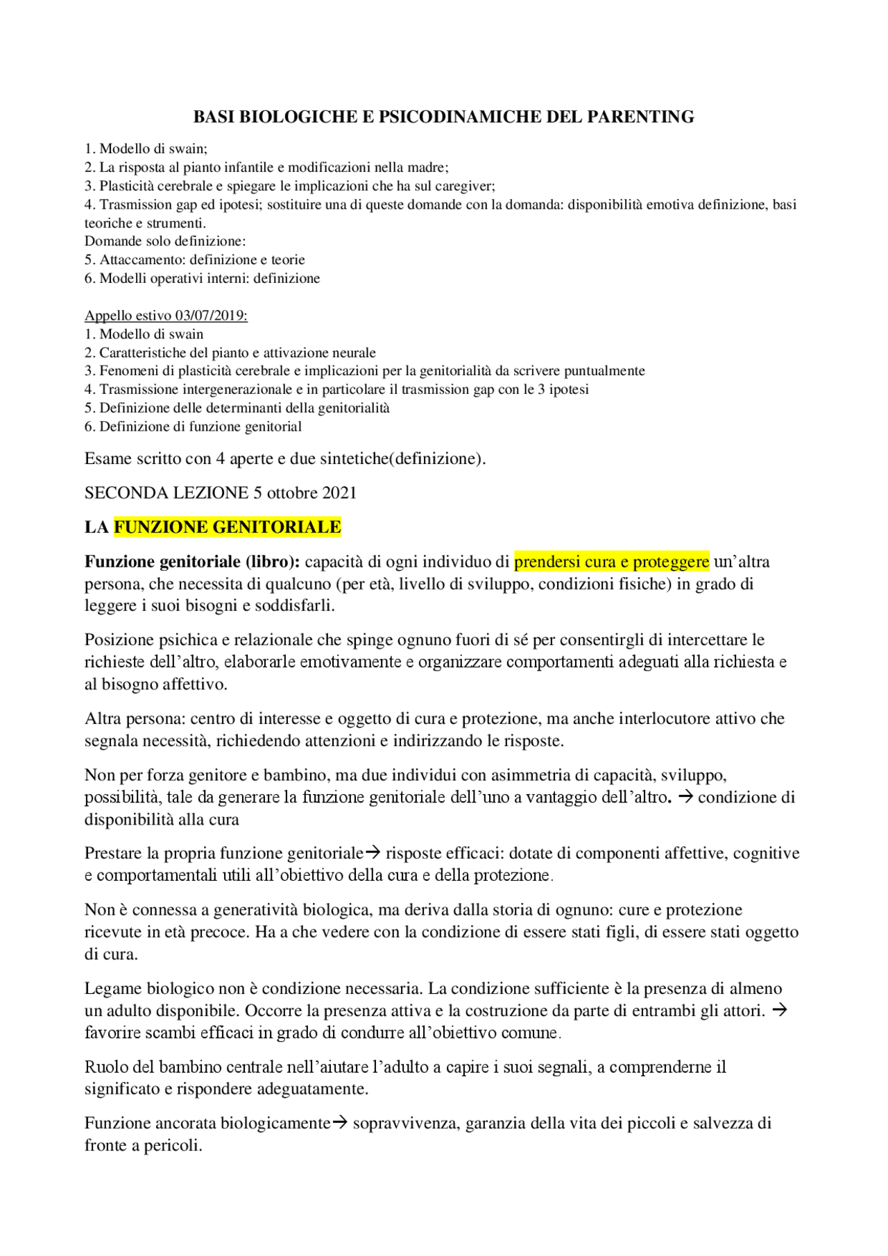 Sbobine Basi Biologiche E Psicodinamiche Del Pareting Appunti Di