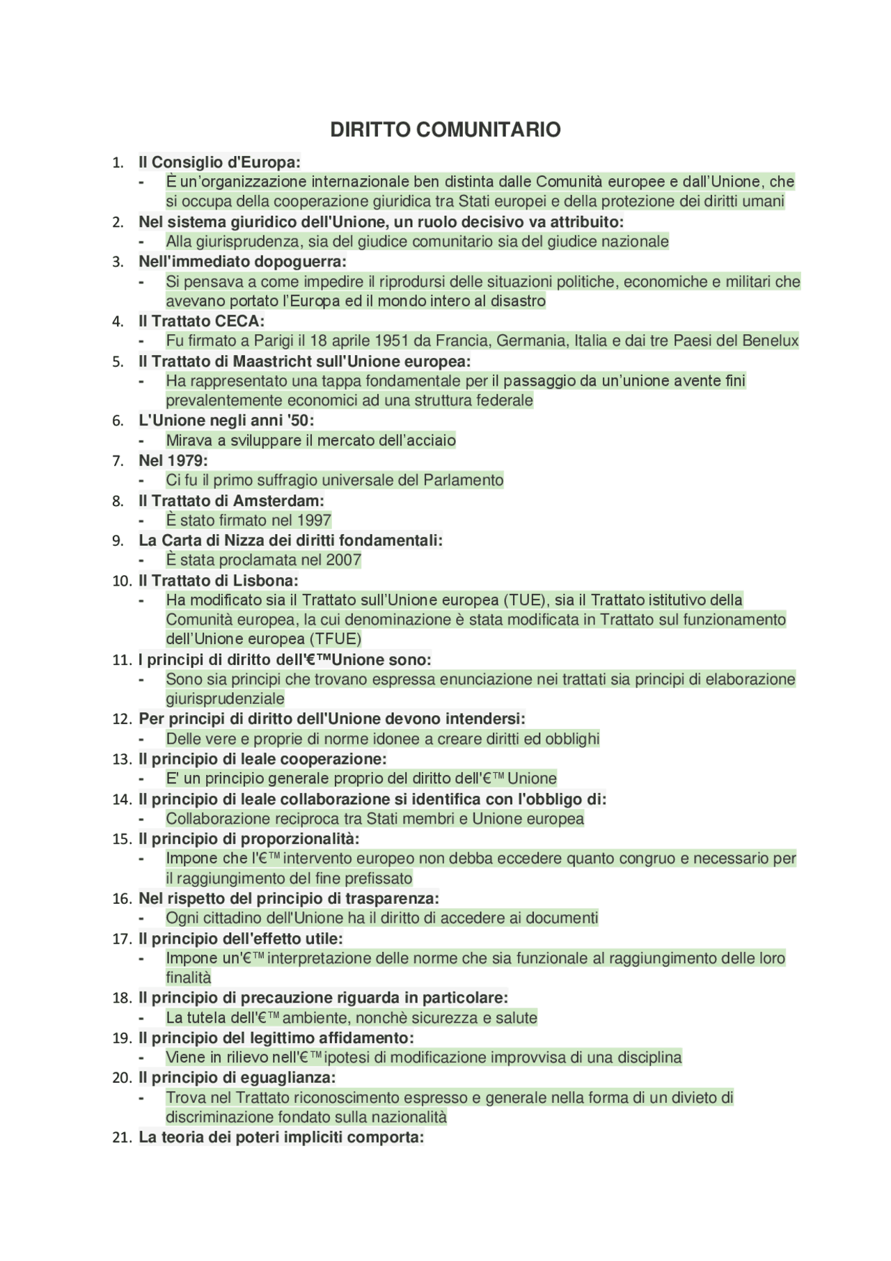 Domande e risposte diritto comunitario pegaso | Prove d'esame di Diritto | Docsity