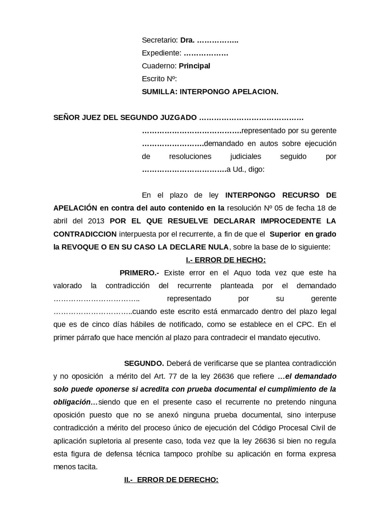 Modelo de recurso de apelación en derecho | Resúmenes de Derecho | Docsity