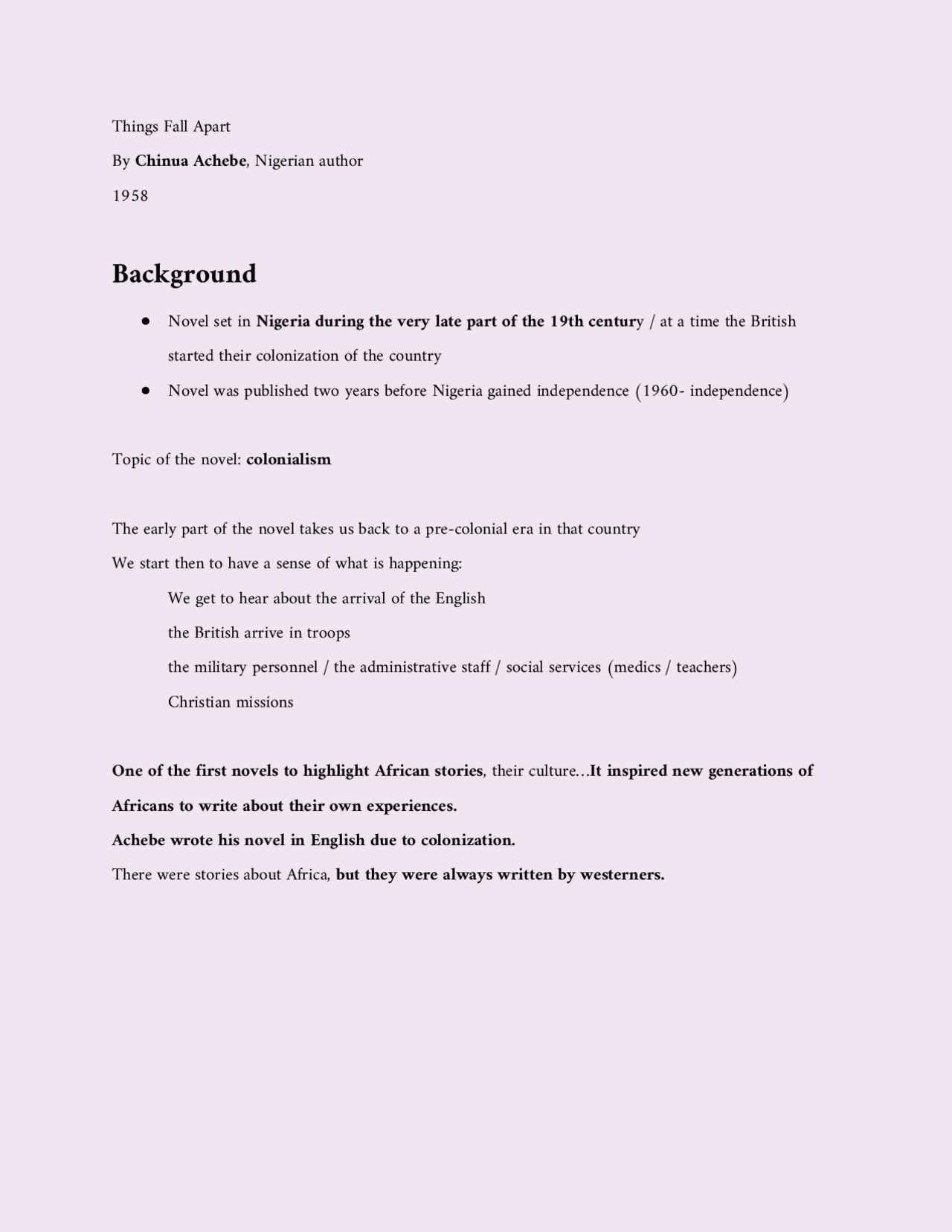 Things Fall Apart full notes | Lecture notes Fiction Writing | Docsity