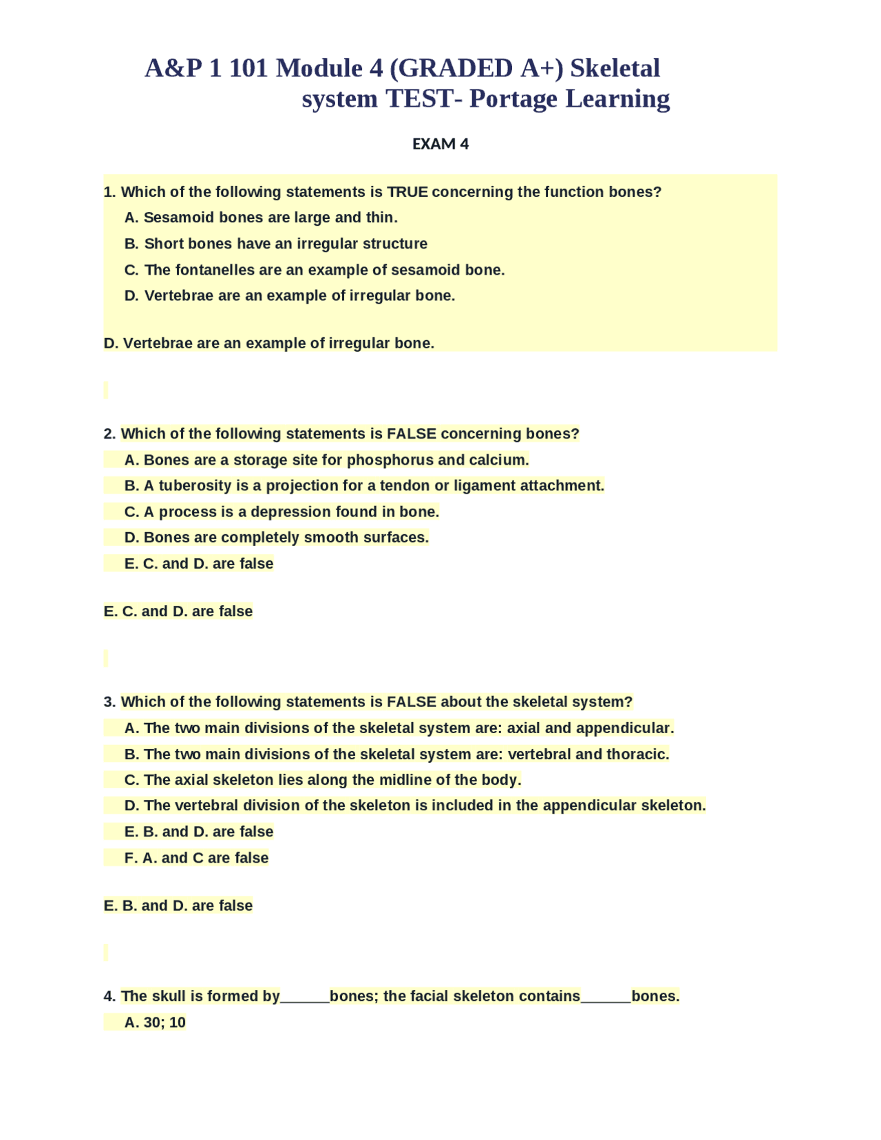 Portage Learning / &P 1 101 Module 4 Skeletal system Test Graded A ...