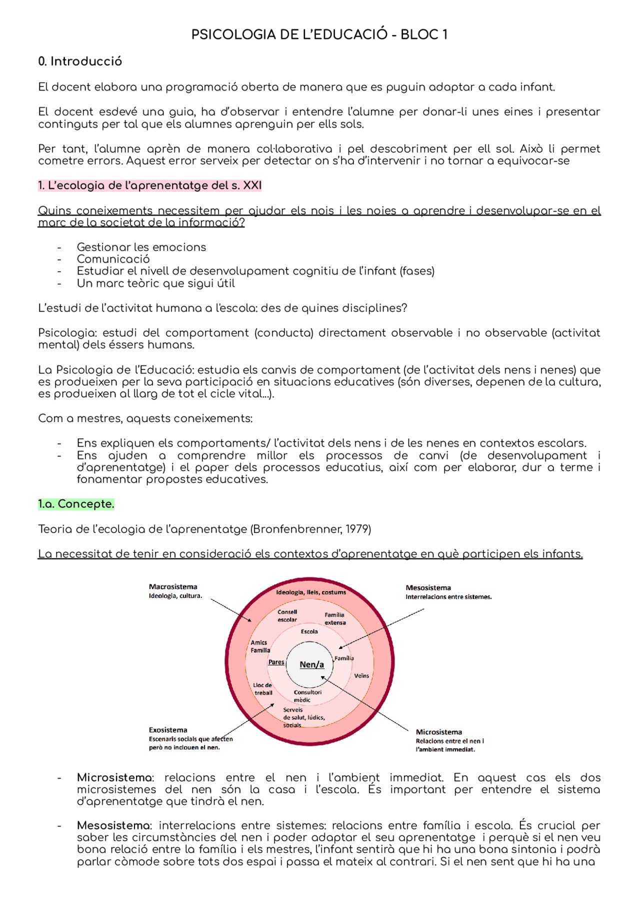 Bloc 1-Psicologia de l'educació | Esquemas y mapas conceptuales de Psicología | Docsity