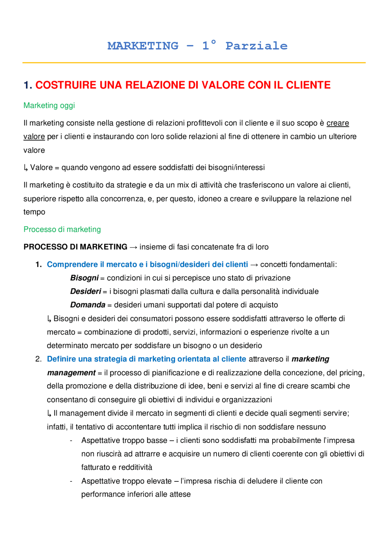 Marketing - 1° Parziale | Dispense di Marketing | Docsity
