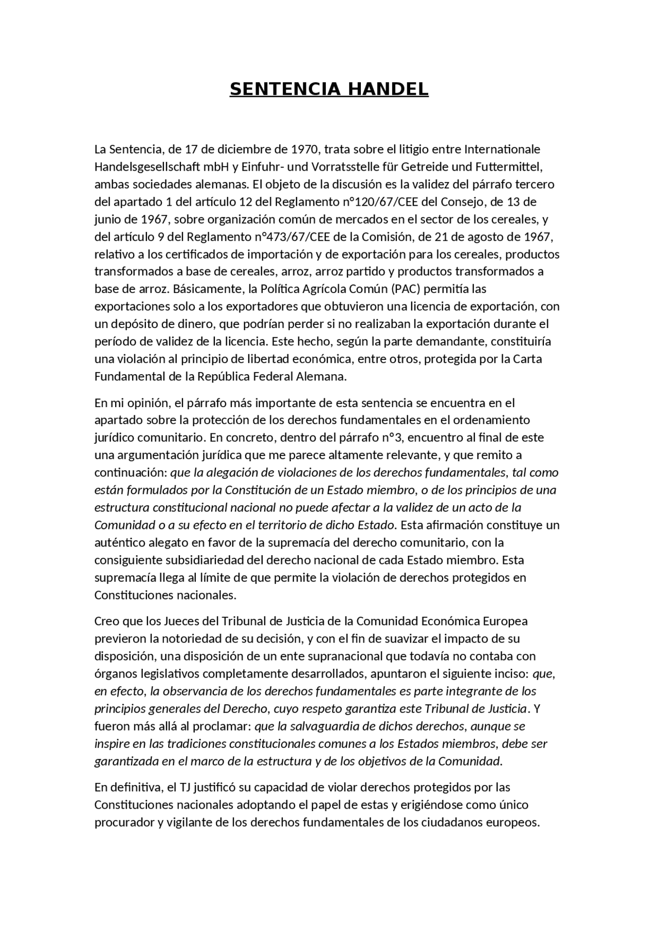 Sentencia Handel Tjue Ejercicios De Derecho Europeo Docsity