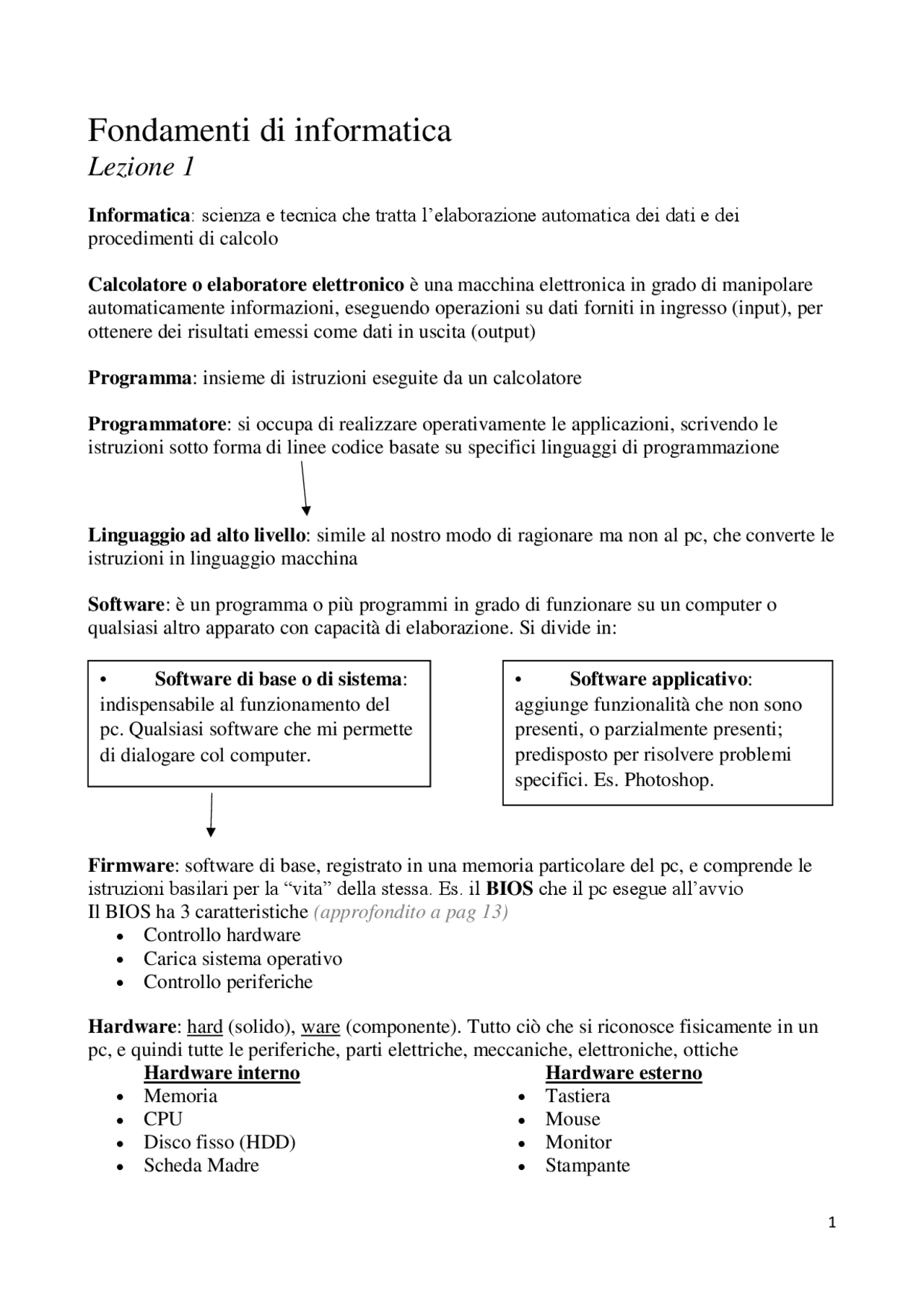 Fondamenti di informatica lezione 1 | Dispense di Fondamenti di informatica | Docsity