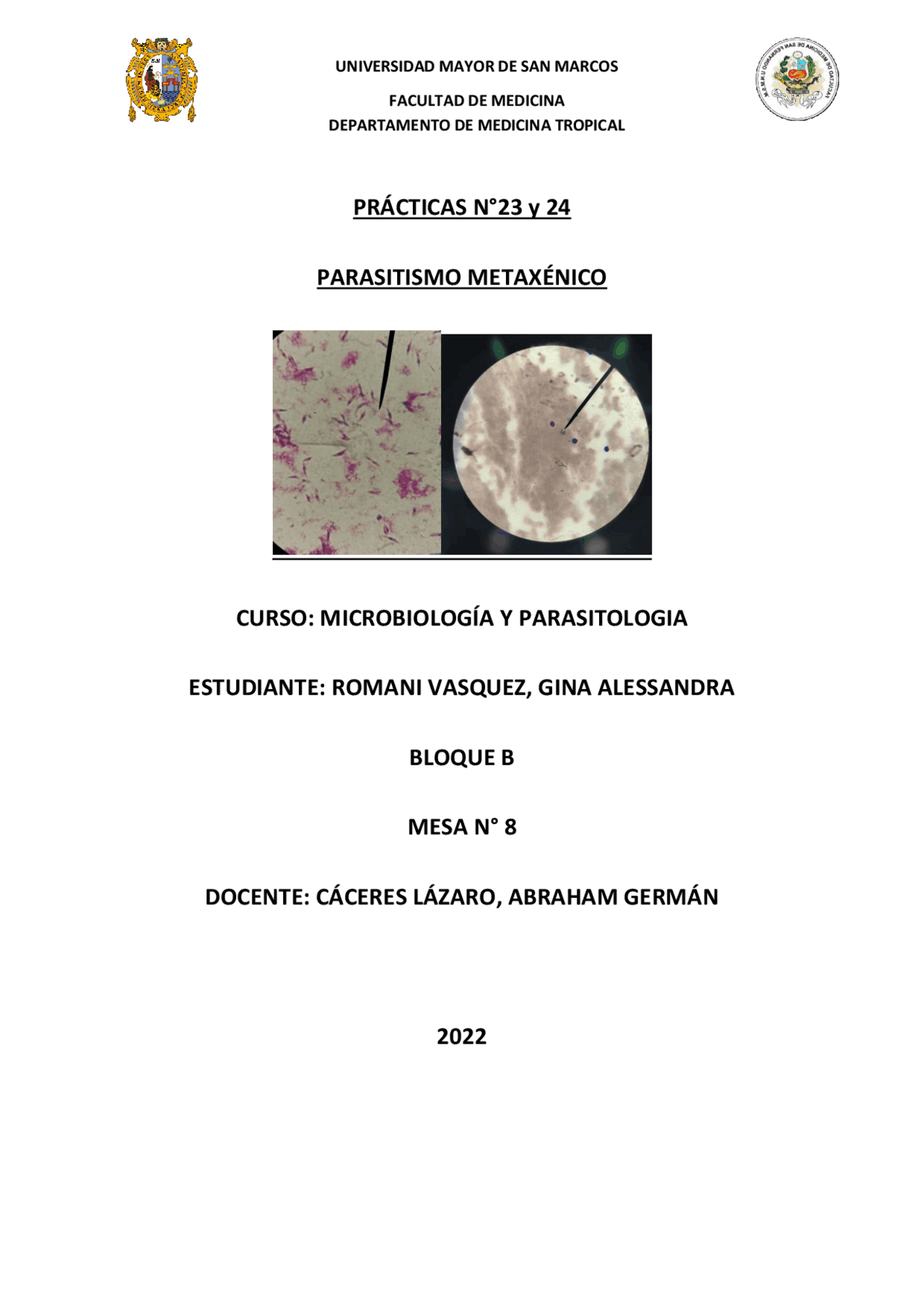 Parasitismo metaxénico-práctica resuelta | Ejercicios de Microbiología | Docsity
