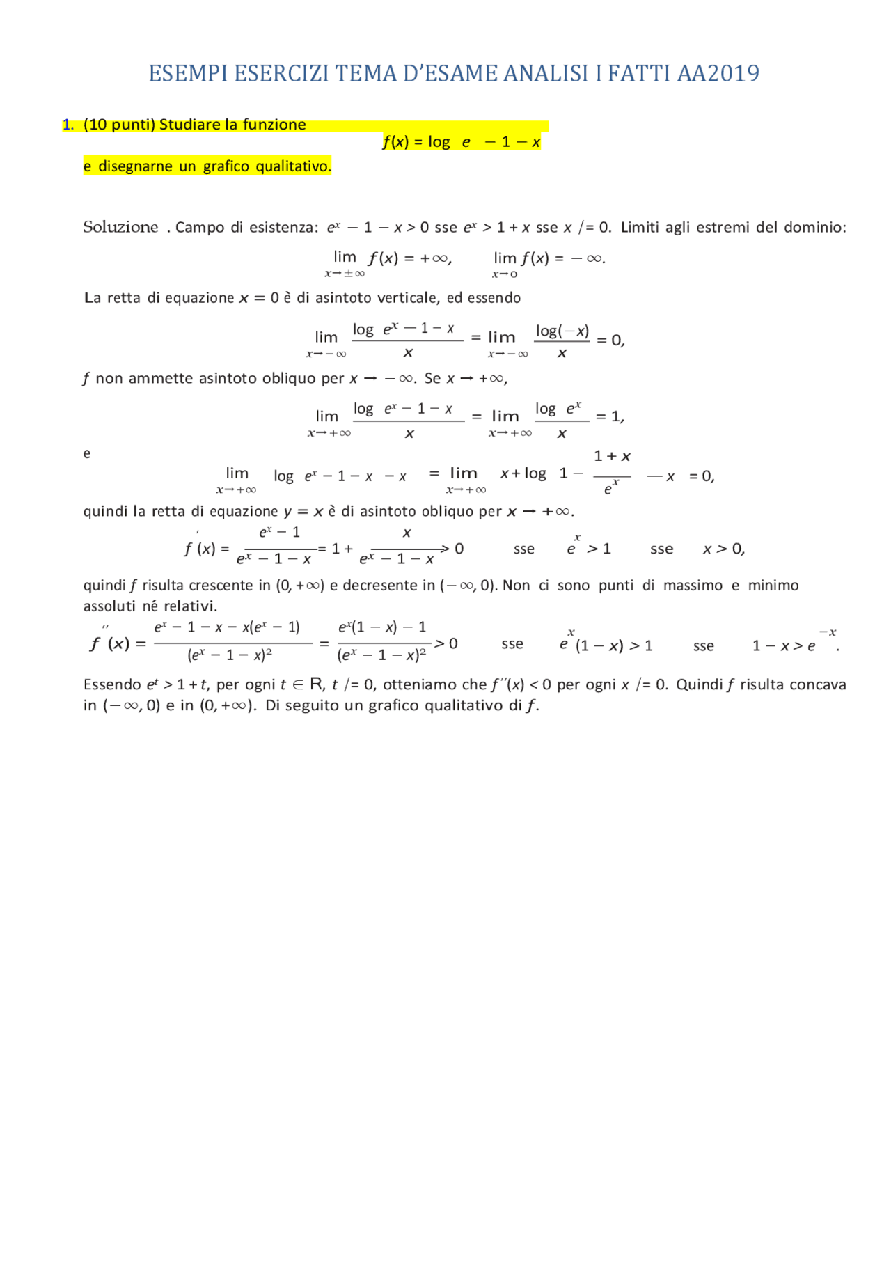 Esempio Tema d'esame di analisi 1 con esercizi risolti | Prove d'esame di Analisi Matematica I ...
