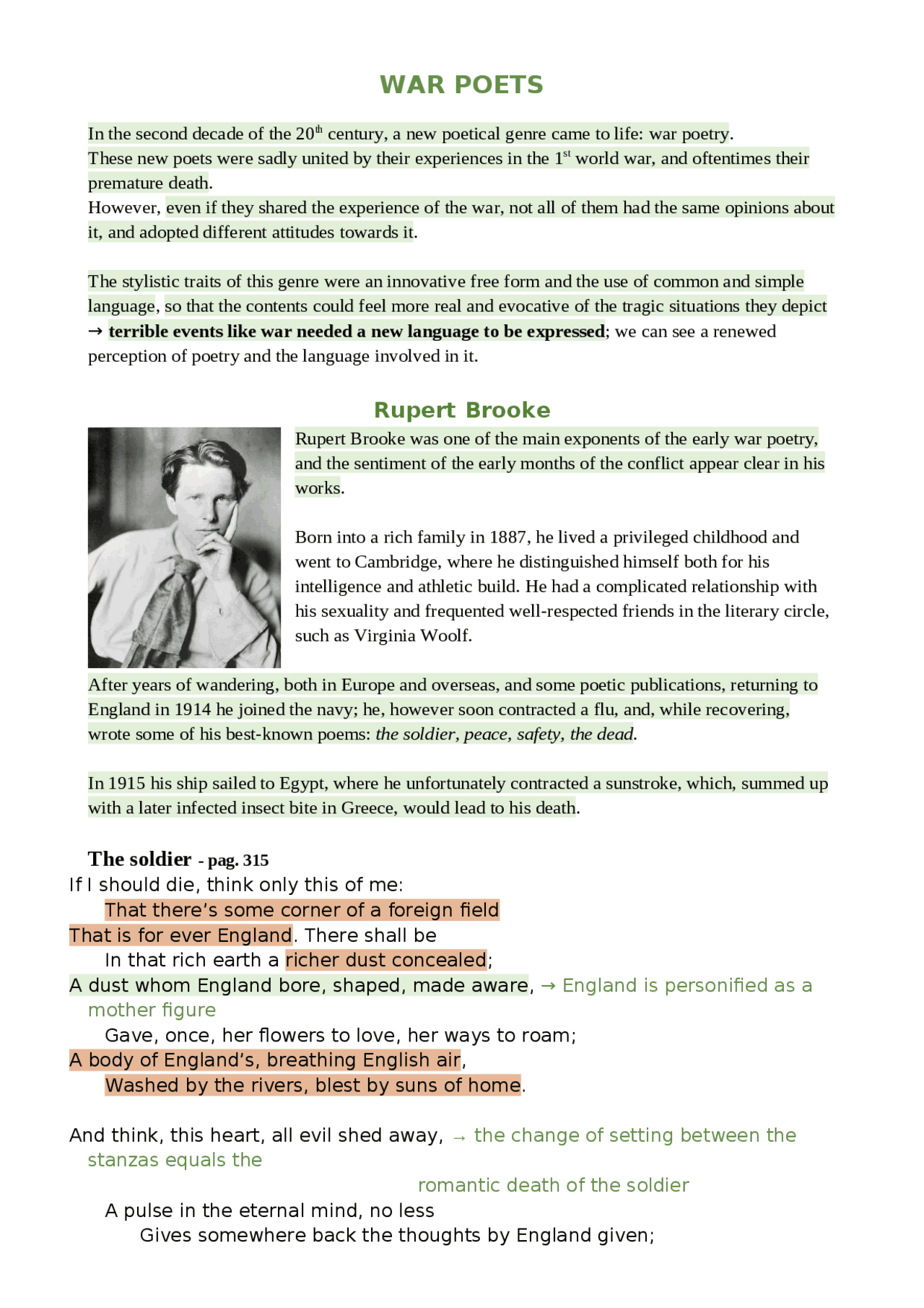 War poets : brooke , sassoon and owen | Appunti di Inglese | Docsity