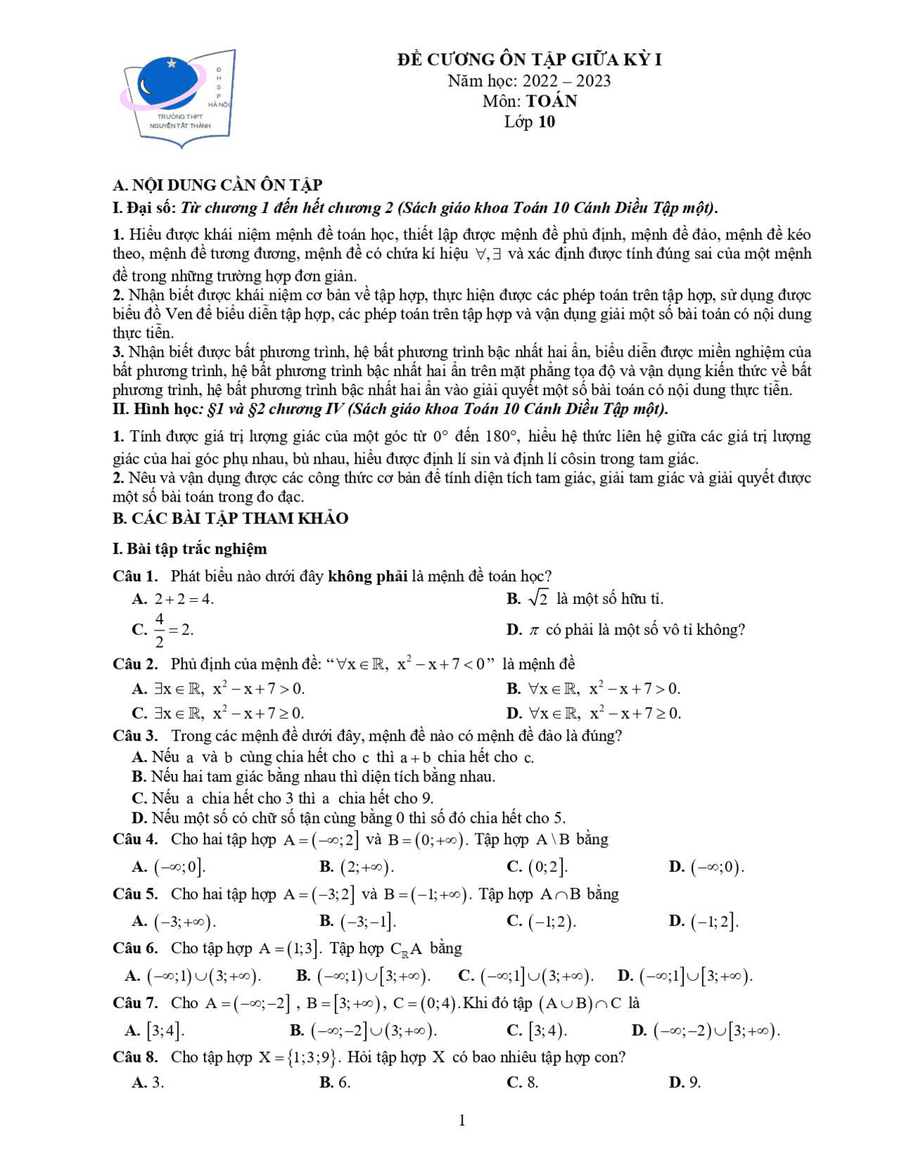 Đề cương giữa kỳ 1 Toán 10 năm 2022 – 2023 THPT Nguyễn Tất Thành – Hà Nội | Exams Mathematics ...