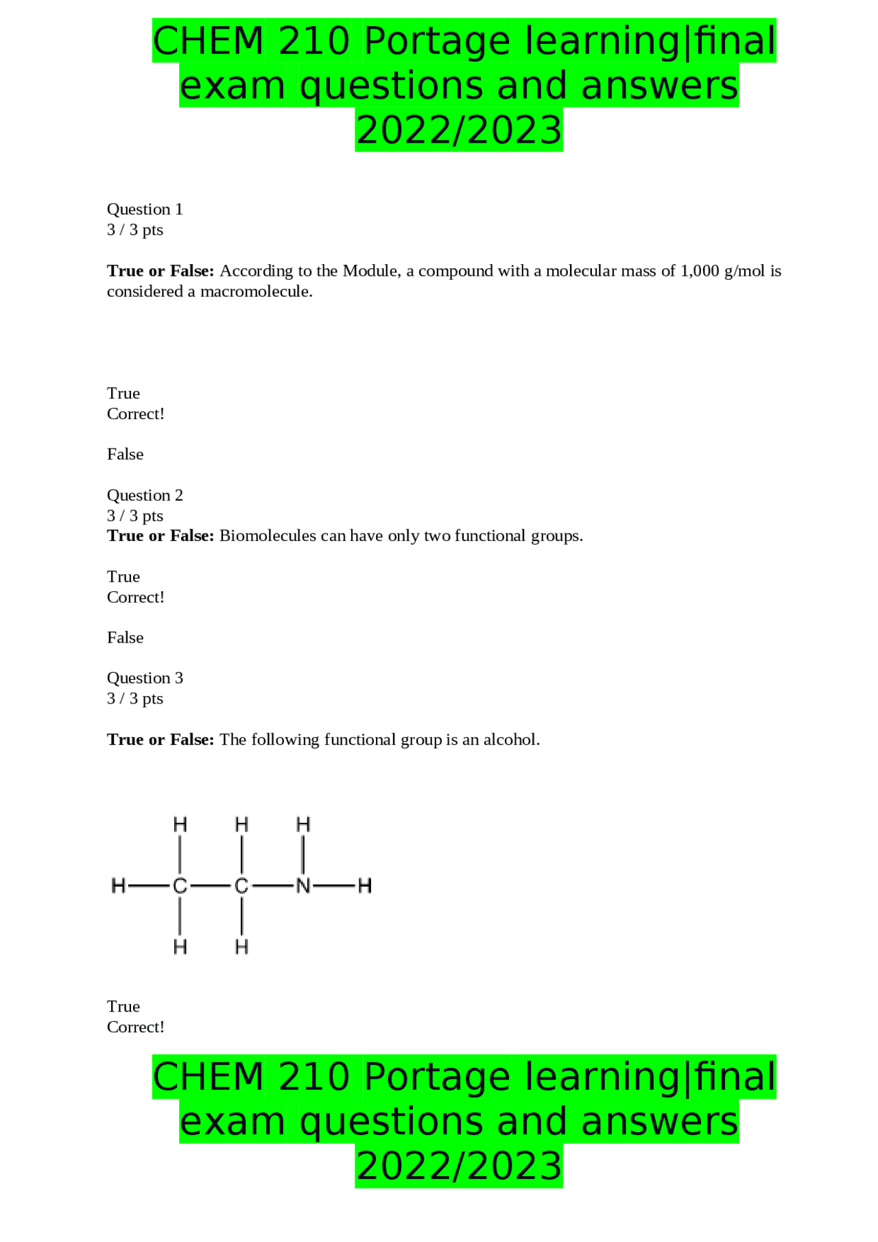 CHEM 210 Portage learning|final exam questions and answers 2022/2023 ...