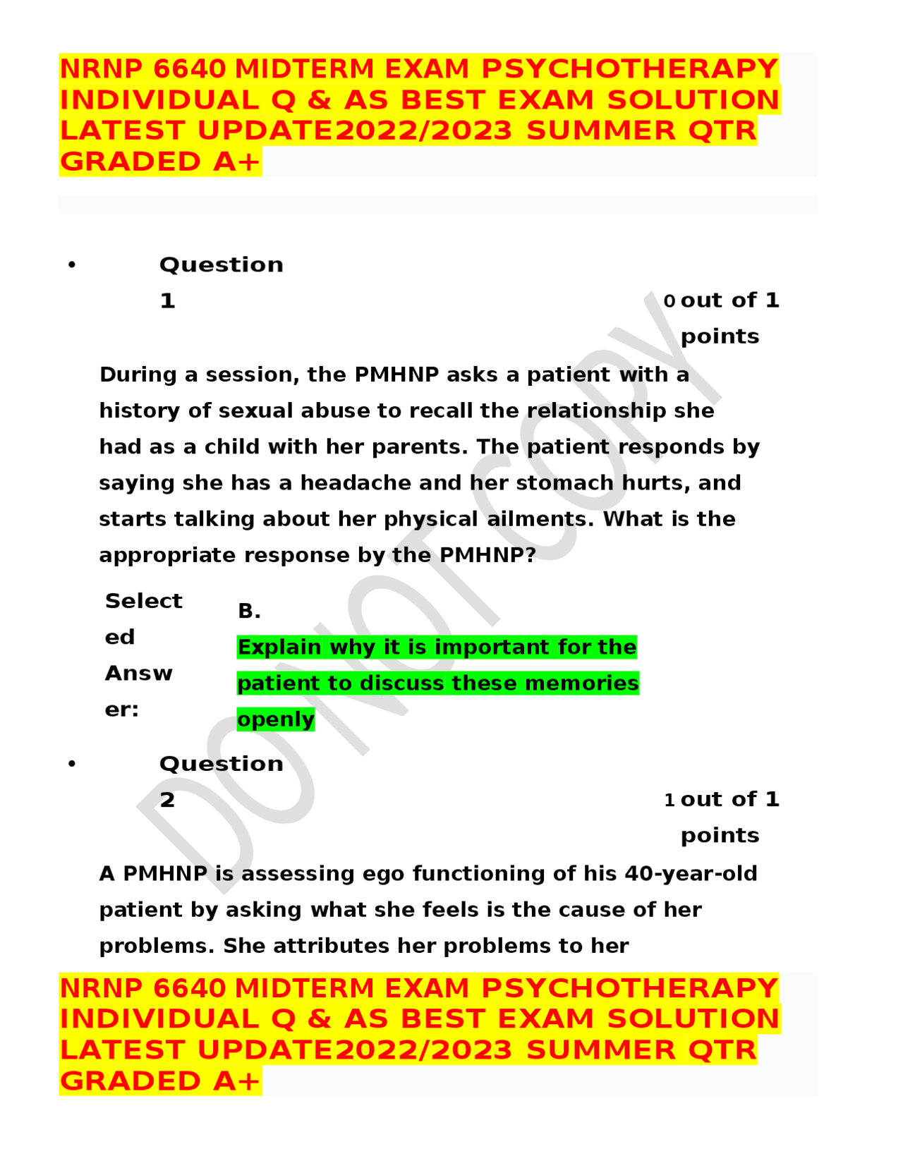NRNP 6640 Midterm Exam Psychotherapy Individual Q & As Best Exam ...