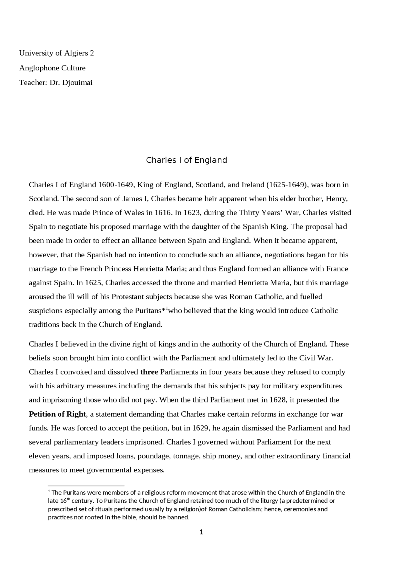 Charles I: the English civil war | Lecture notes Literature | Docsity