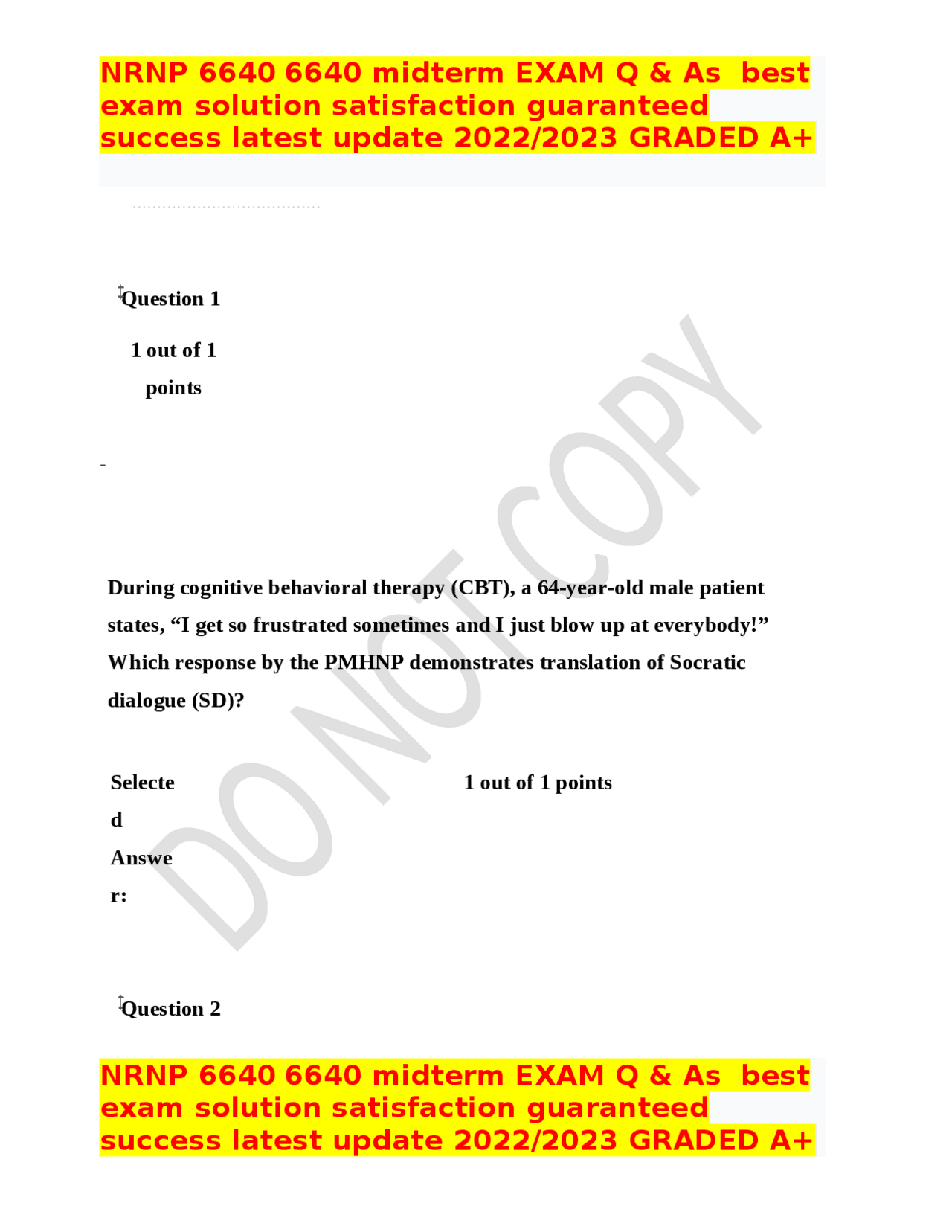 NRNP 6640 MIDTERM EXAM PSYCHOTHERAPY INDIVIDUAL Q &AS BEST EXAM ...