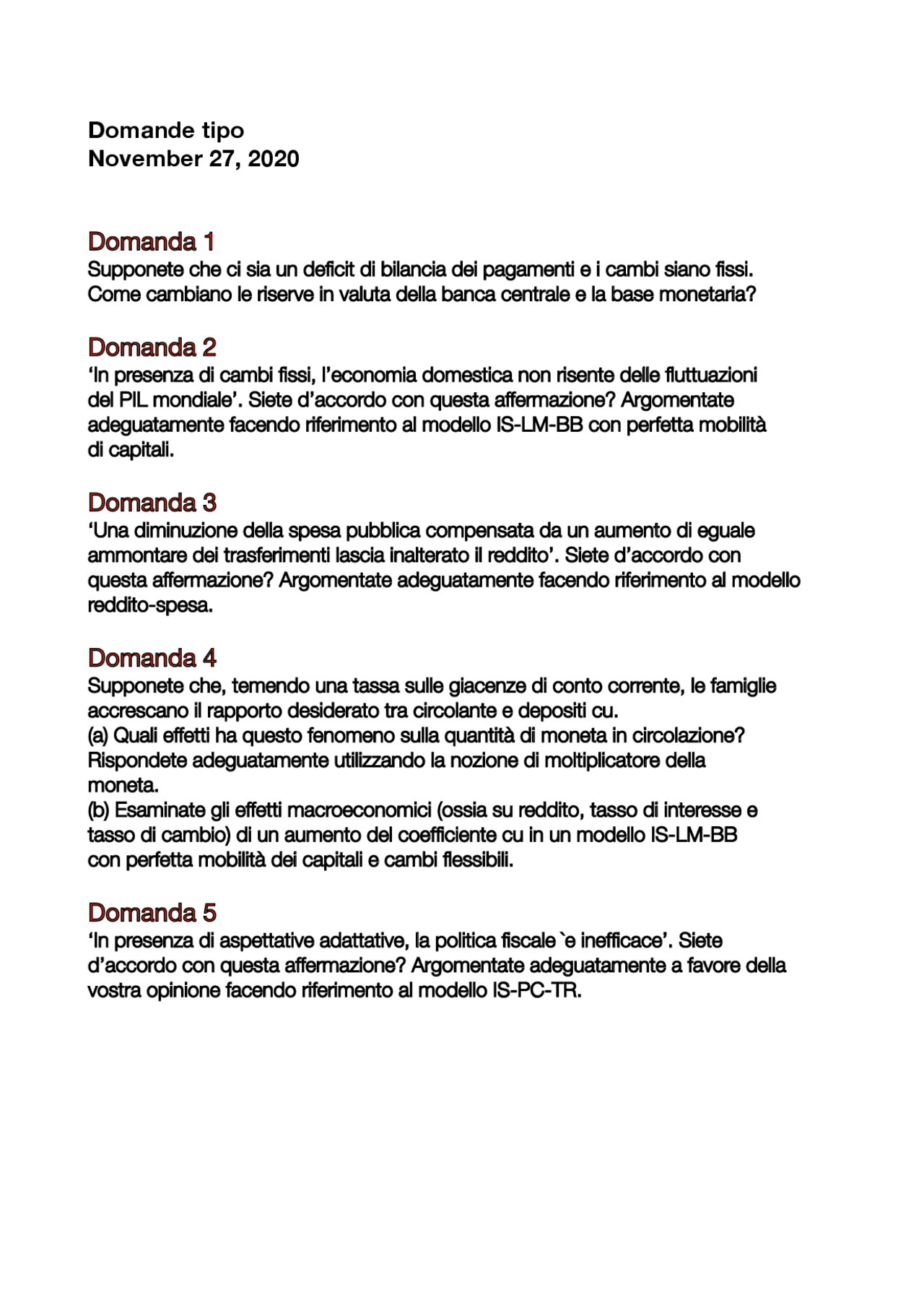 Domande Tipo Macroeconomia Prove Desame Di Macroeconomia Docsity
