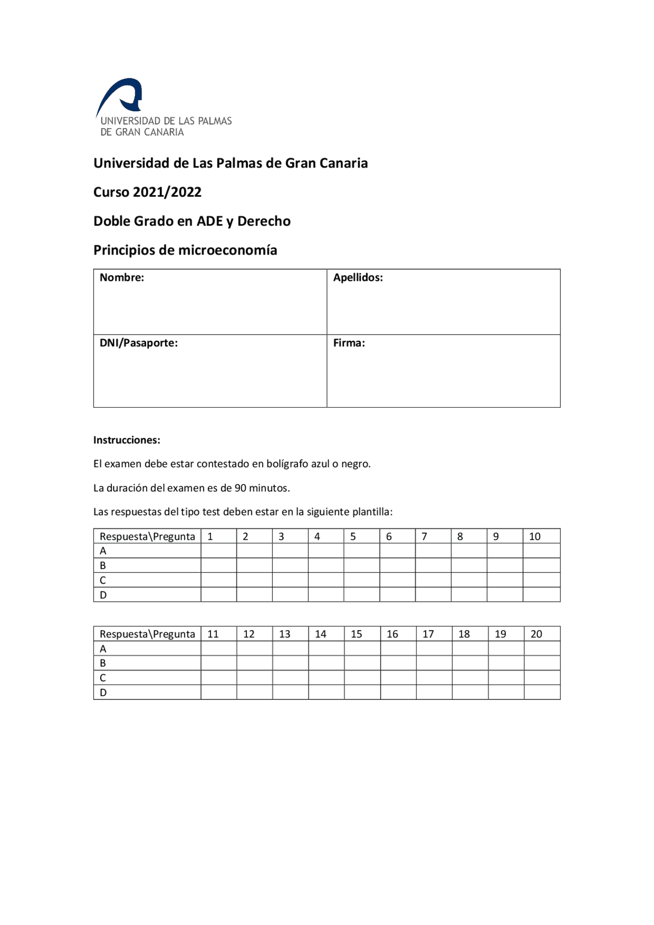 Ejemplo De Examen Bloque 1 Exámenes De Microeconomía Docsity