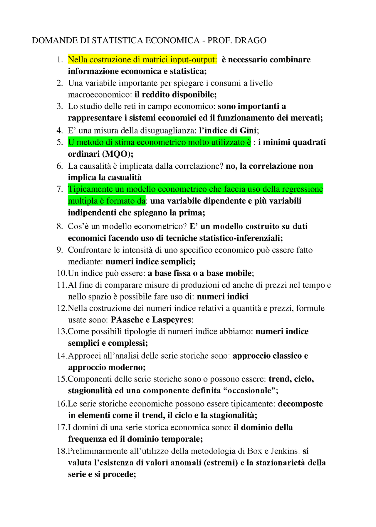 Bd Statistica Economica E Finanziaria Prove Desame Di Statistica