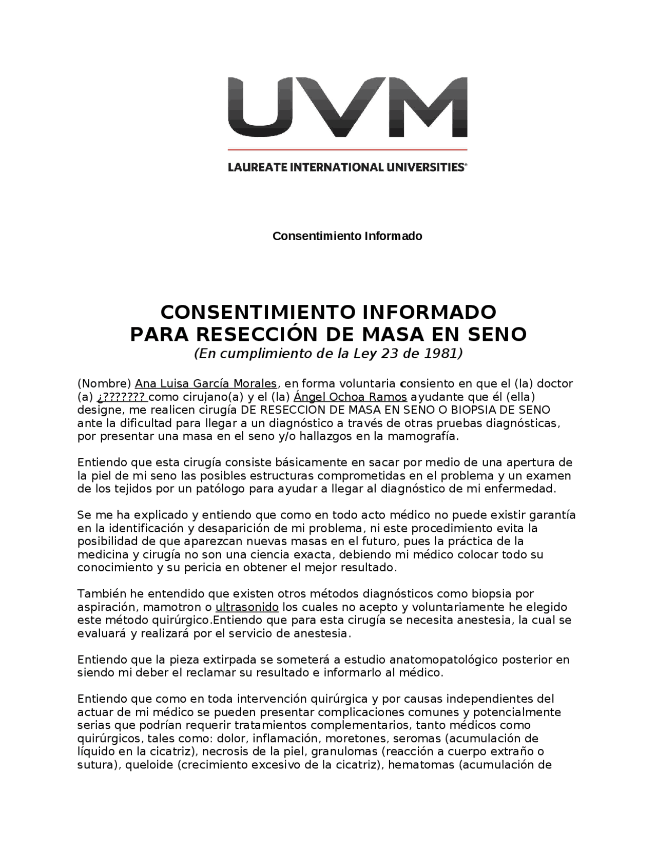 Consentimiento Informado Ejercicios De Medicina Docsity