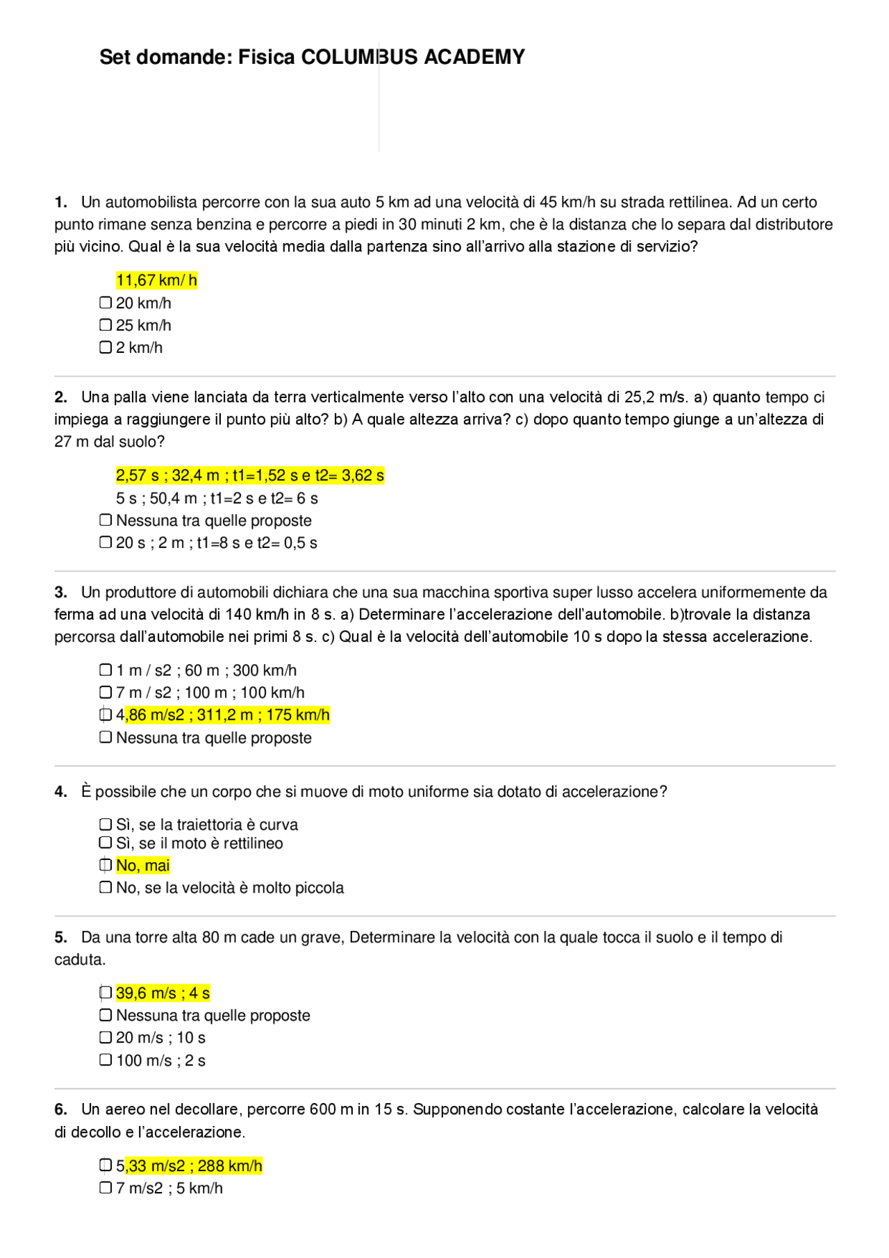 Paniere Fisica Columbus Academy Panieri Di Fisica Docsity