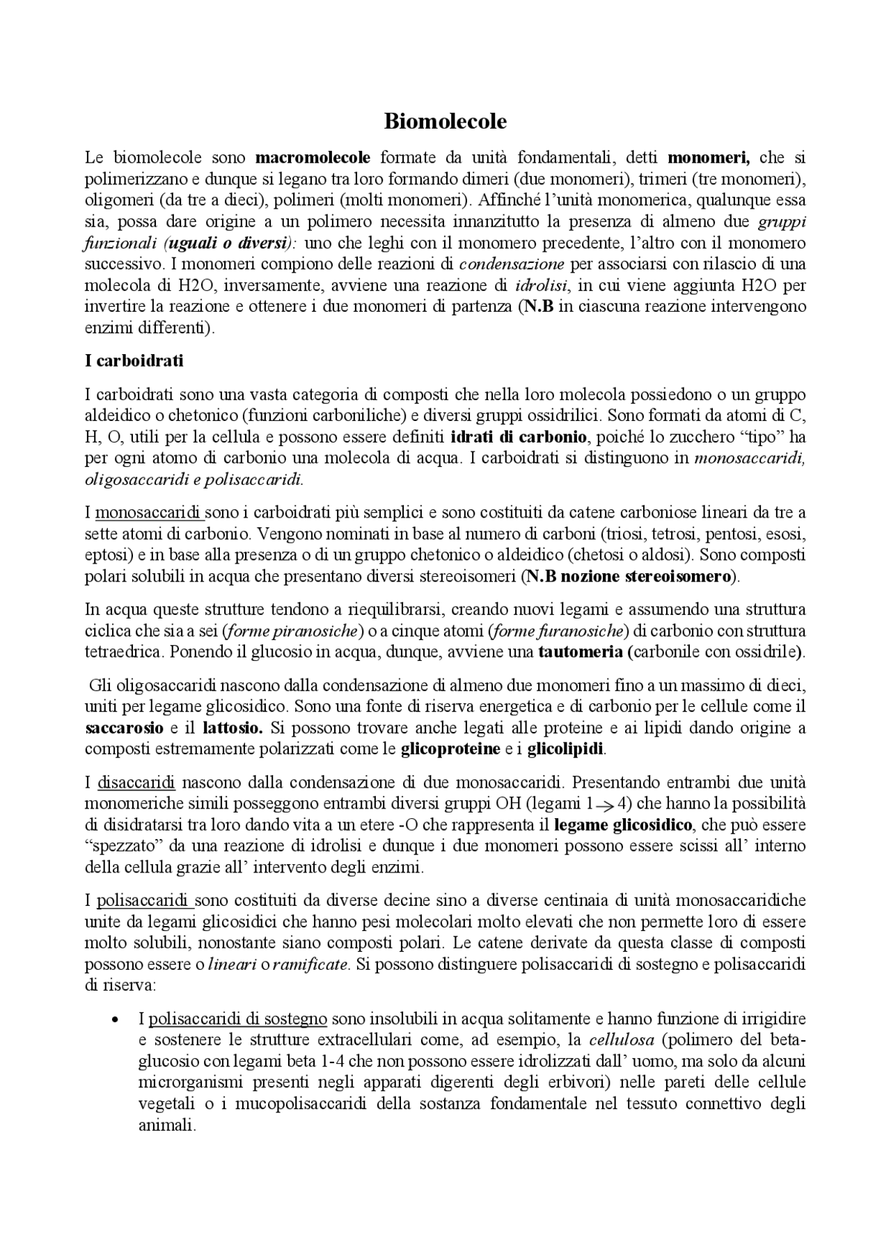 Appunti Sulle Biomolecole Appunti Di Biologia Docsity