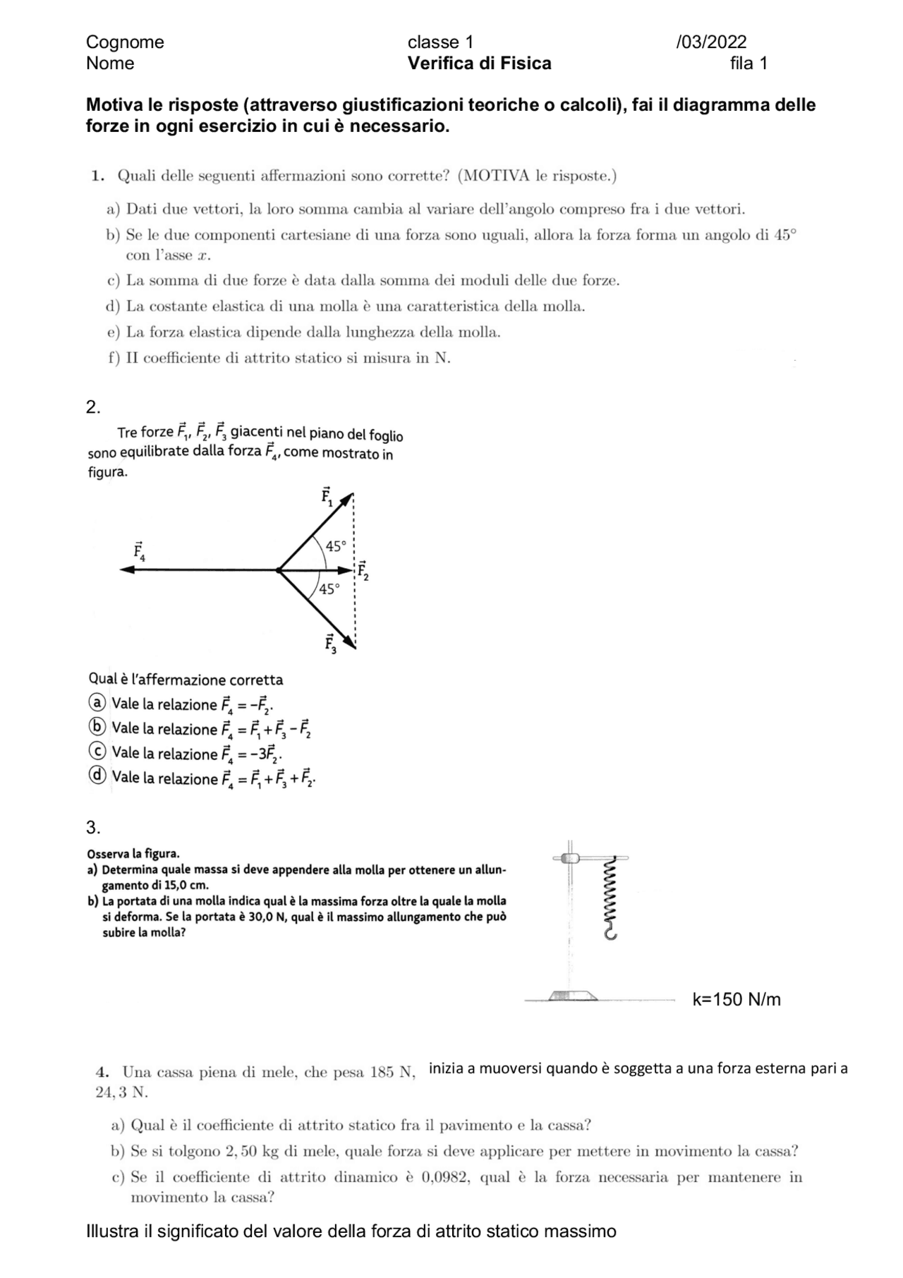 Verifica Svolta Fisica Prove Desame Di Fisica Docsity